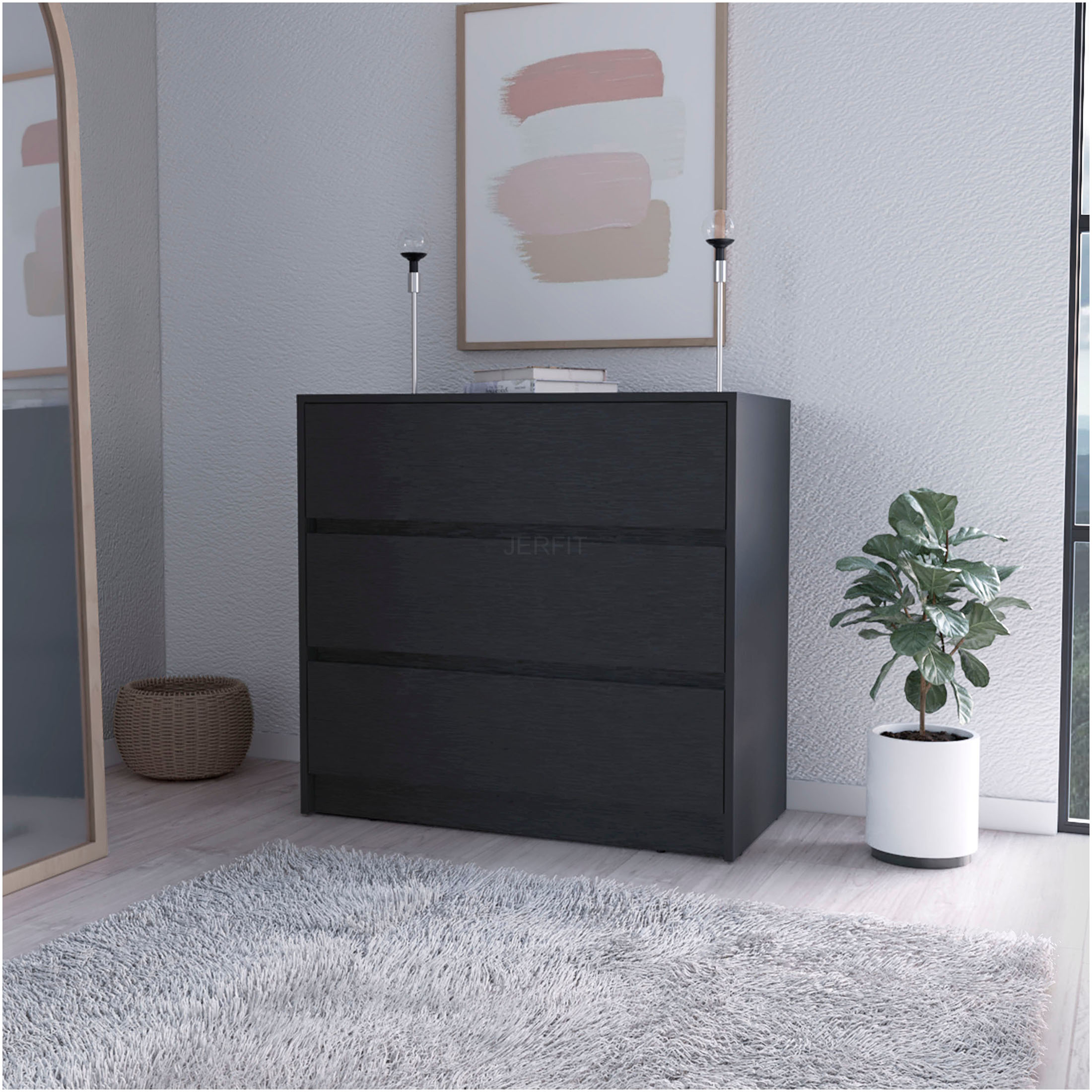 JERFIT Modern 3-Drawer Chest Dresser, Black Melamine Storage Cabinet ...
