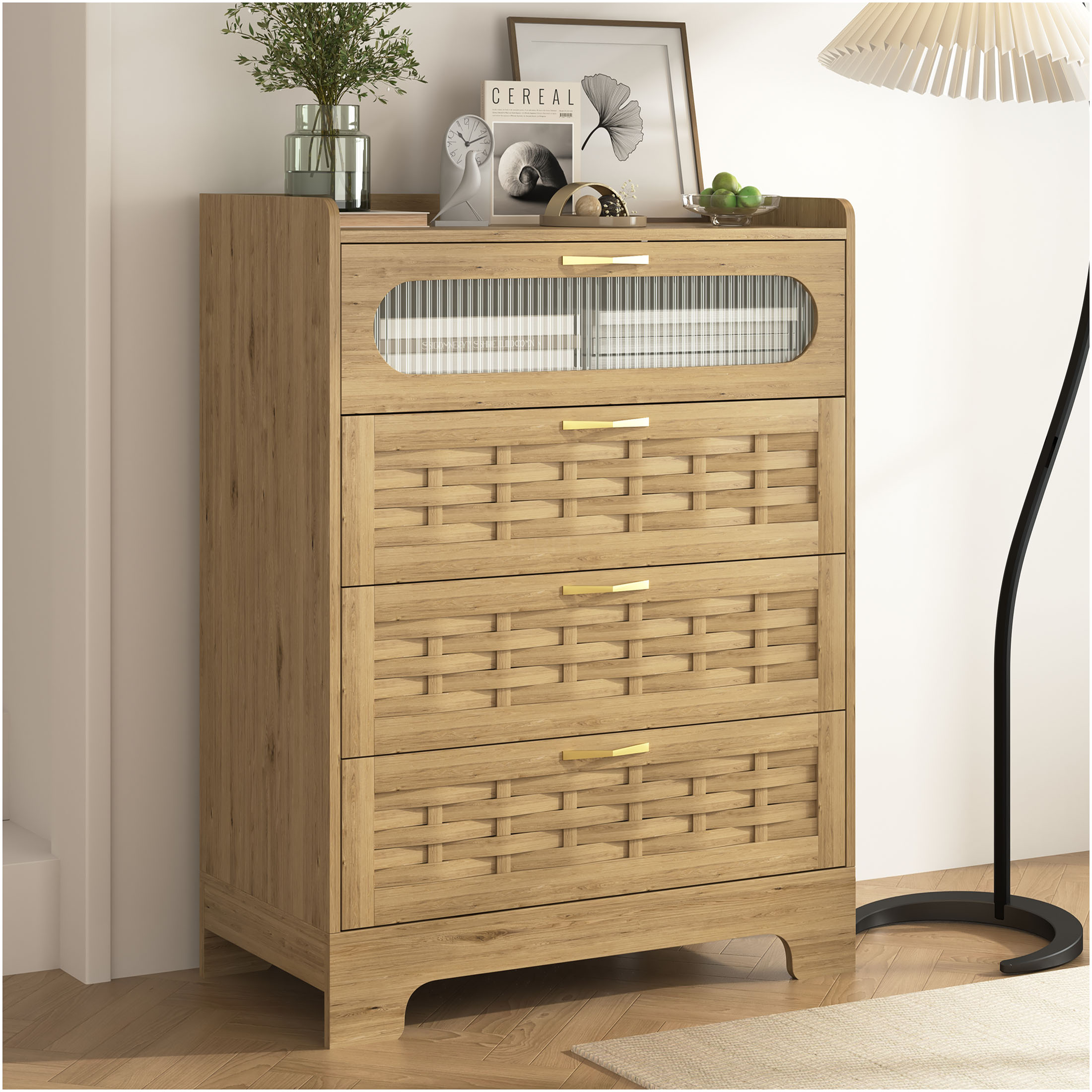 JERFIT Modern 4-Drawer Dresser with Acrylic Door, Farmhouse Wood Grain ...