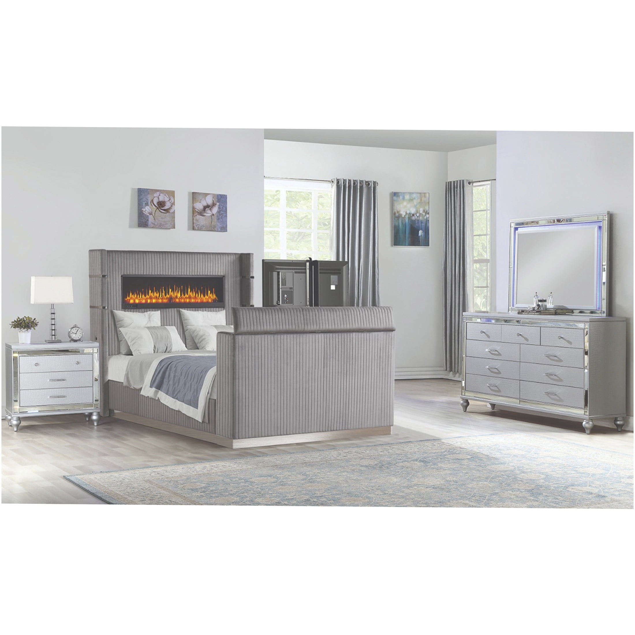 JERFIT Modern 4-Piece Queen Bedroom Set with Fireplace Headboard, TV ...