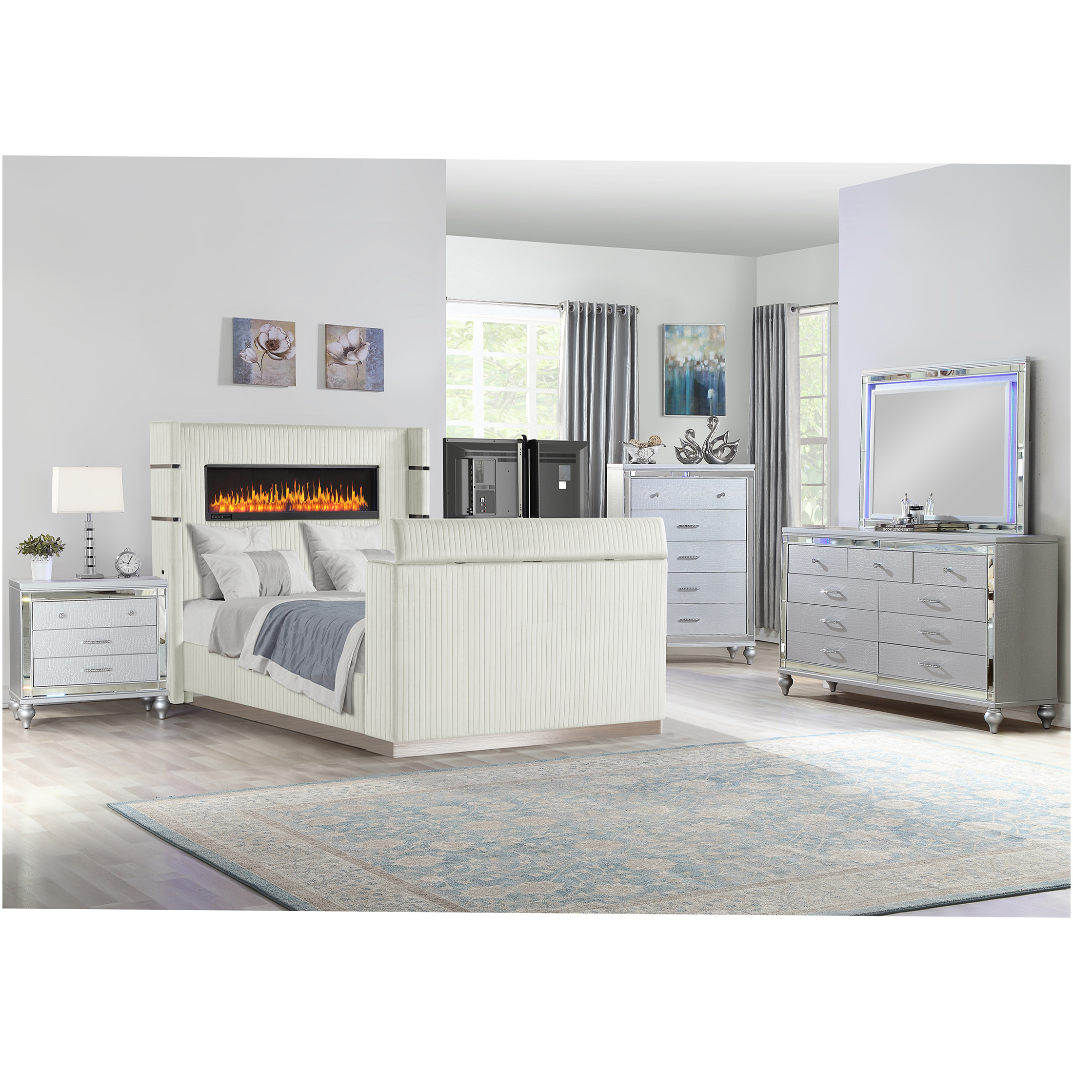 JERFIT Modern 5-Piece King Bedroom Set with Fireplace Headboard, TV ...