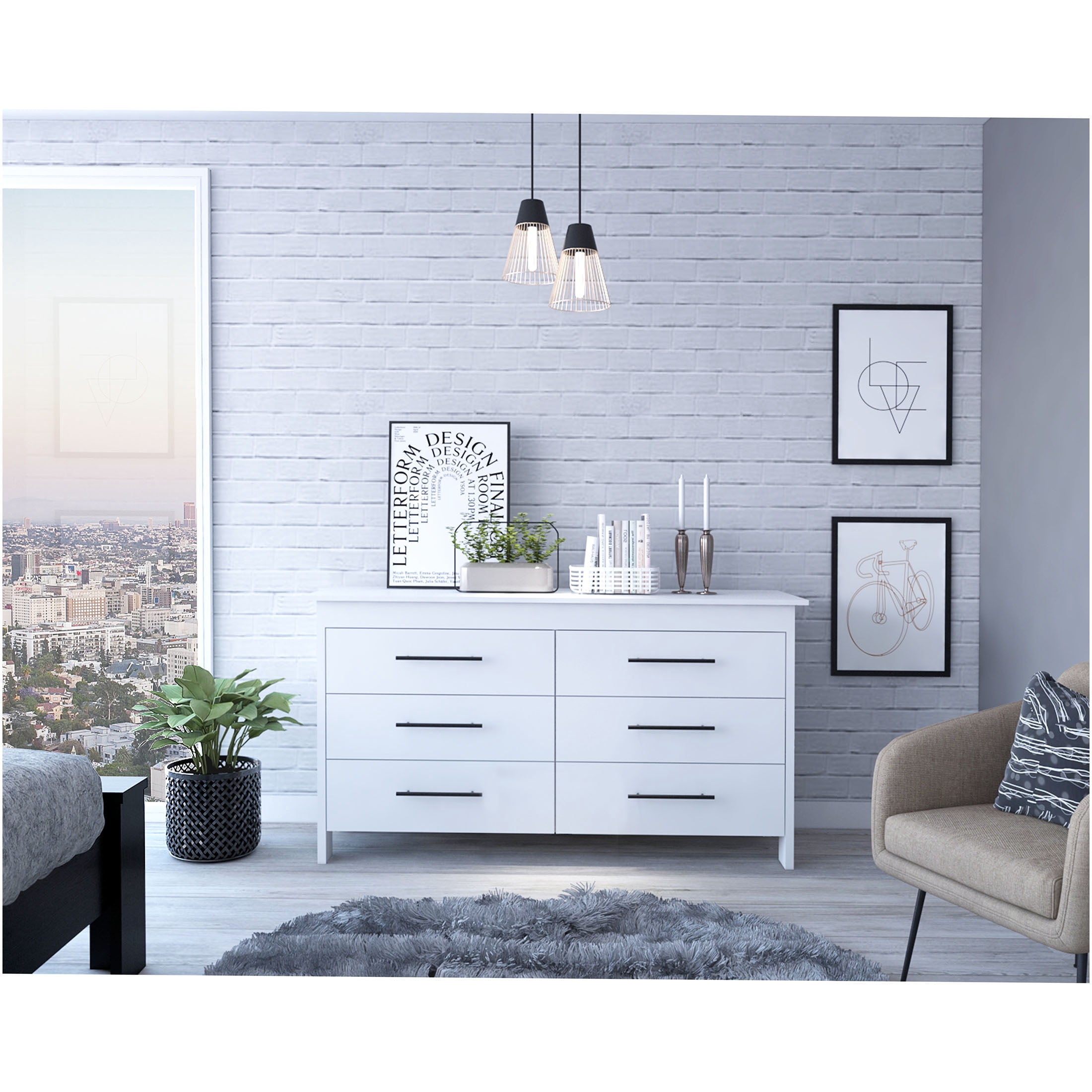 JERFIT Modern 6-Drawer Dresser, Double Wide Chest of Drawers with Metal ...