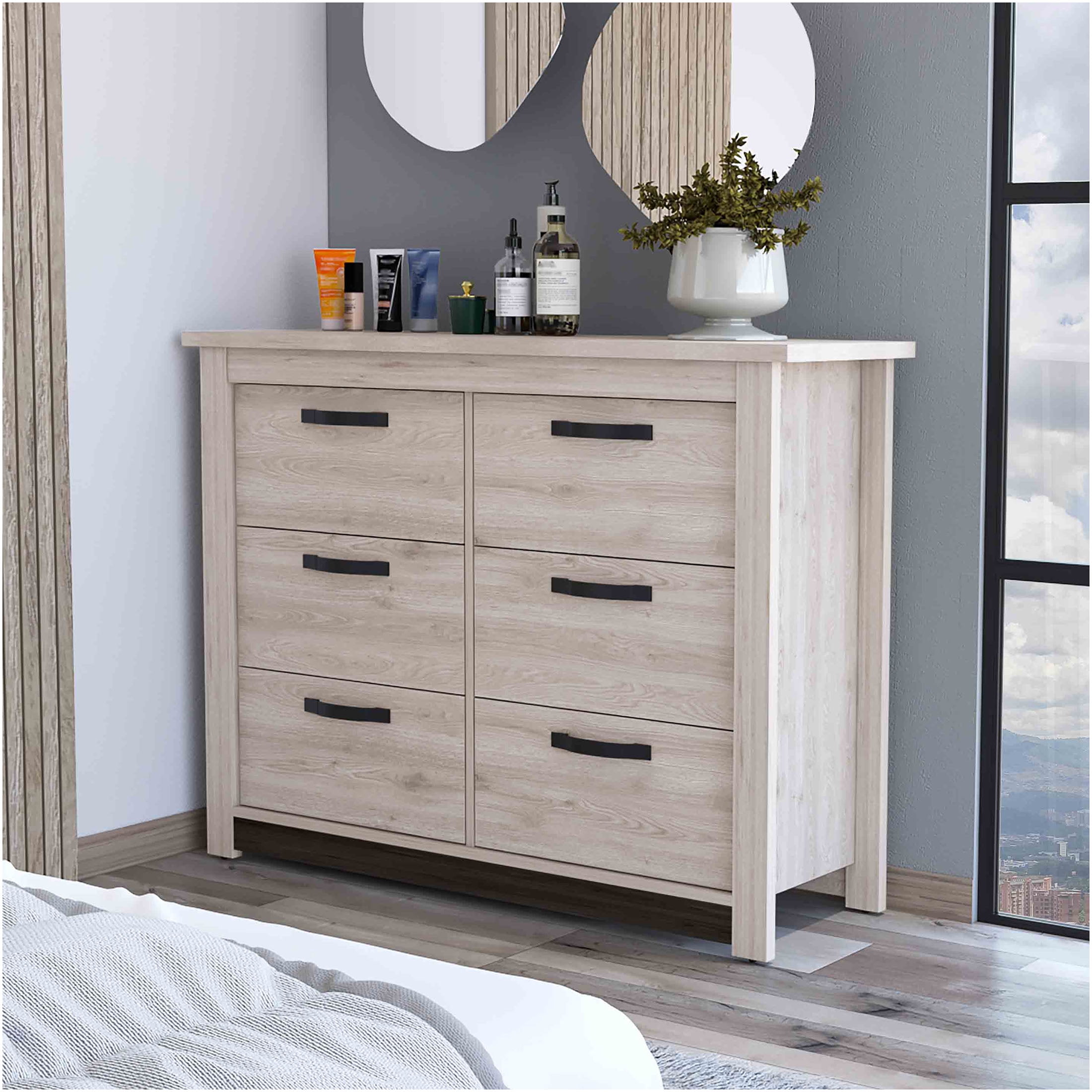 JERFIT Modern 6-Drawer Dresser with Large Top, Light Grey Melamine ...