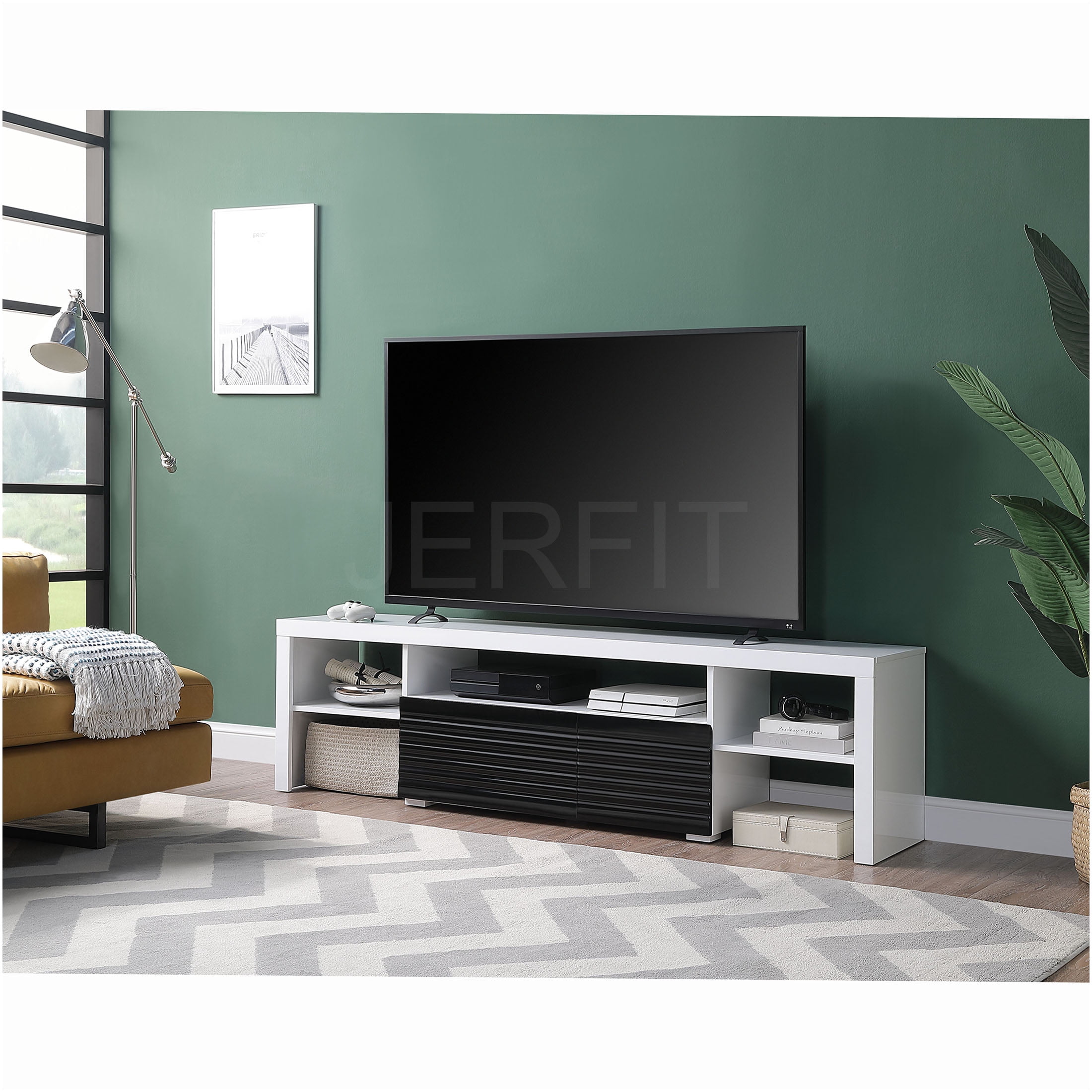 JERFIT Modern 80 inch TV Stand with Drawer, High Gloss White and Black ...