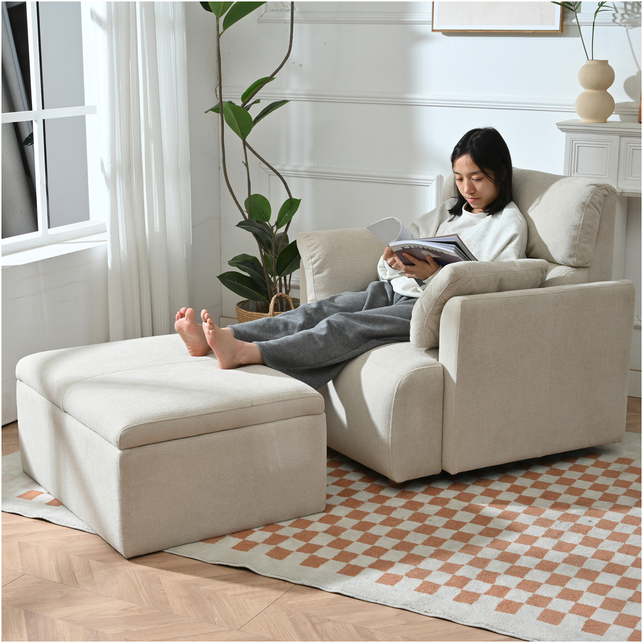 JERFIT Modern Accent Chair with Storage Ottoman, Upholstered Lounge ...