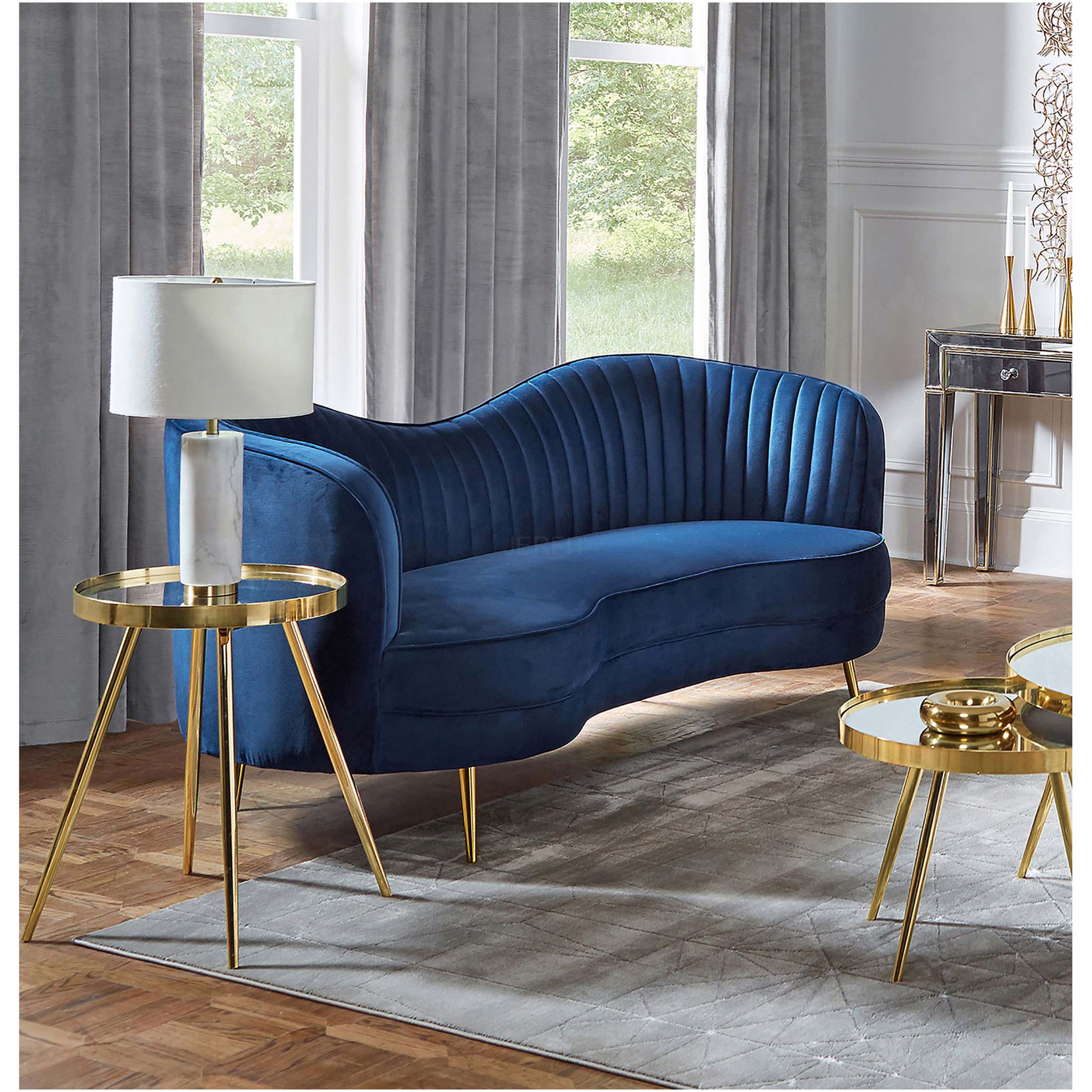 JERFIT Modern Blue Velvet Loveseat Sofa with Gold Tapered Legs ...