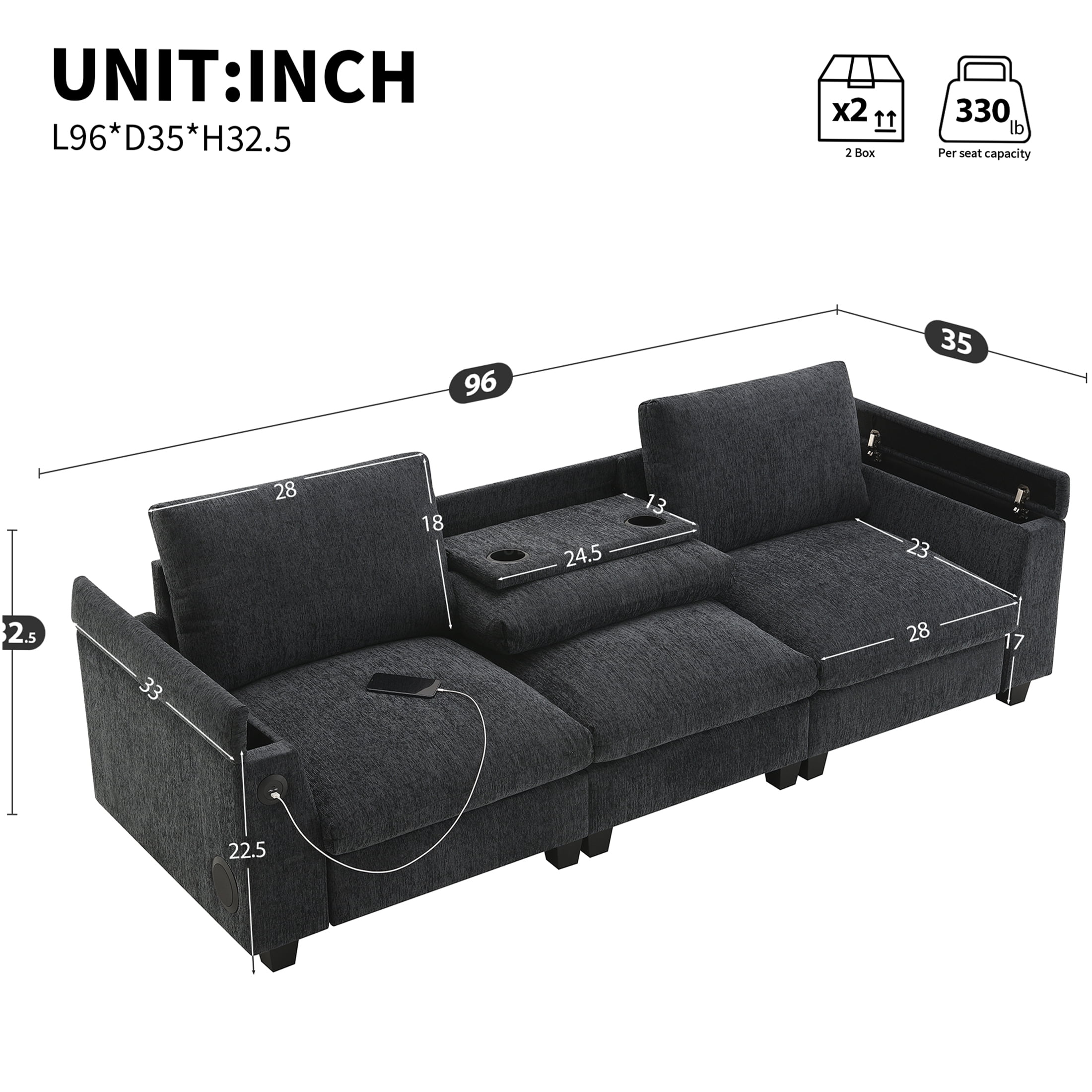 JERFIT Modern Chenille Sectional Sofa with Bluetooth Speaker, Drop Down ...