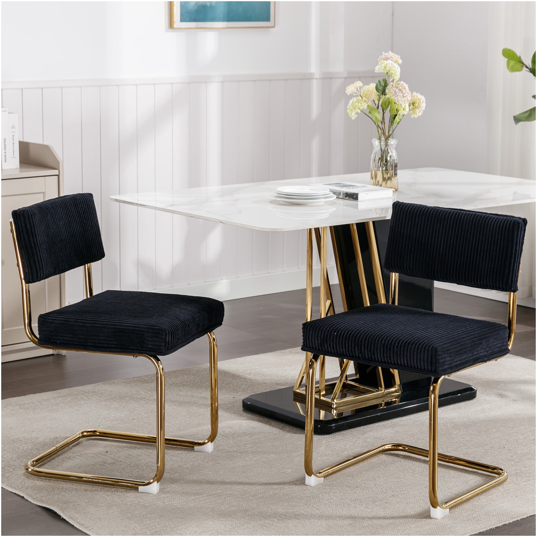 JERFIT Modern Dining Chairs Set of 2, Black Corduroy Upholstered Side ...