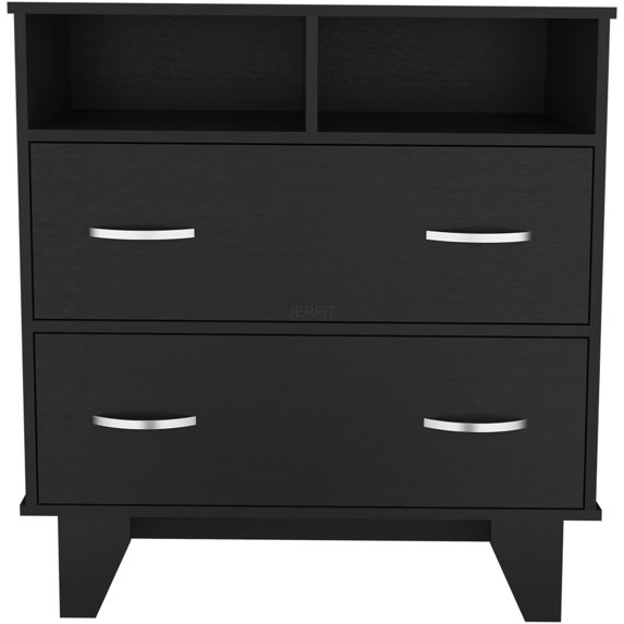 JERFIT Modern Double Drawer Dresser with Open Shelves, Black Bedroom ...