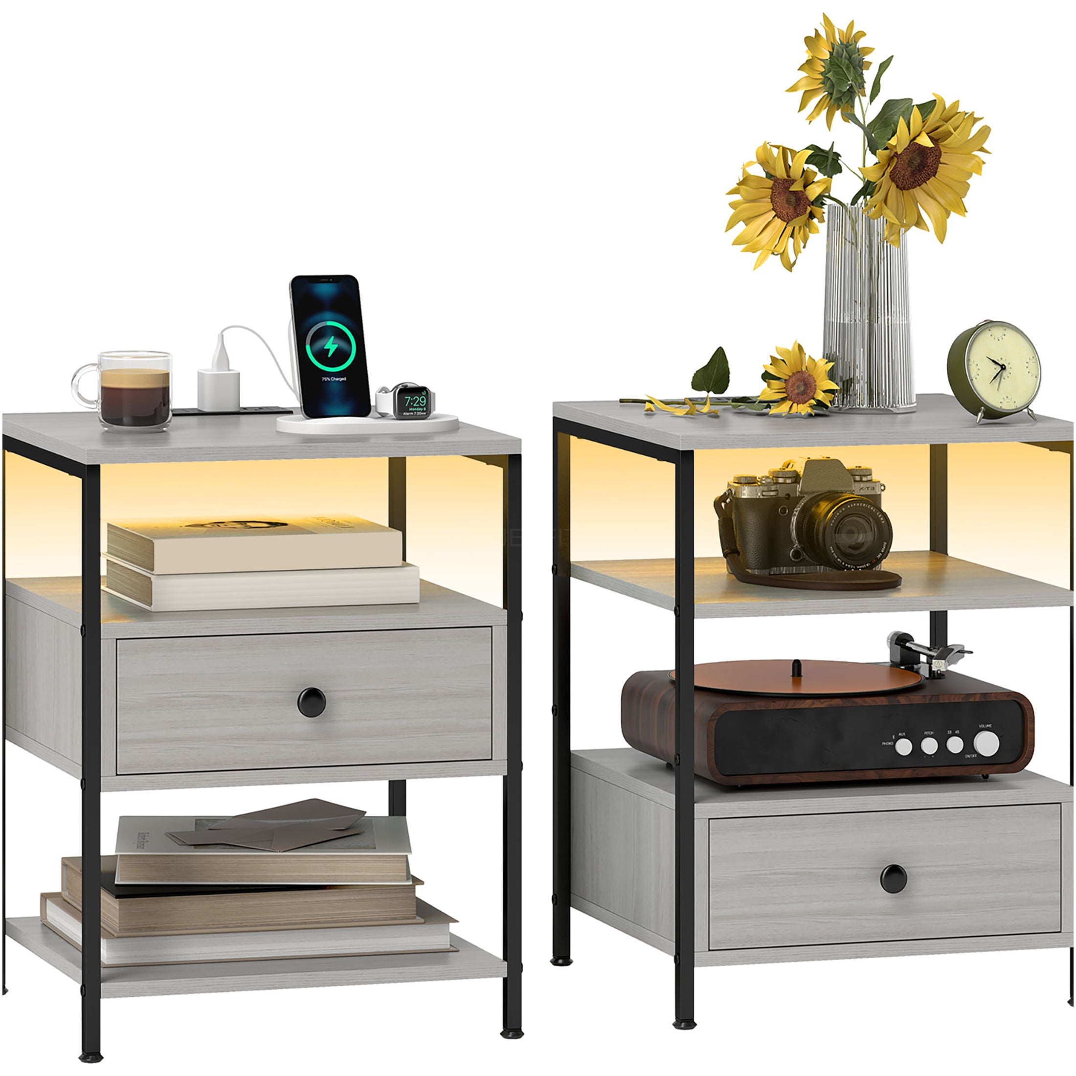 JERFIT Modern End Tables with Charging Station & RGB LED Lights, Set of ...