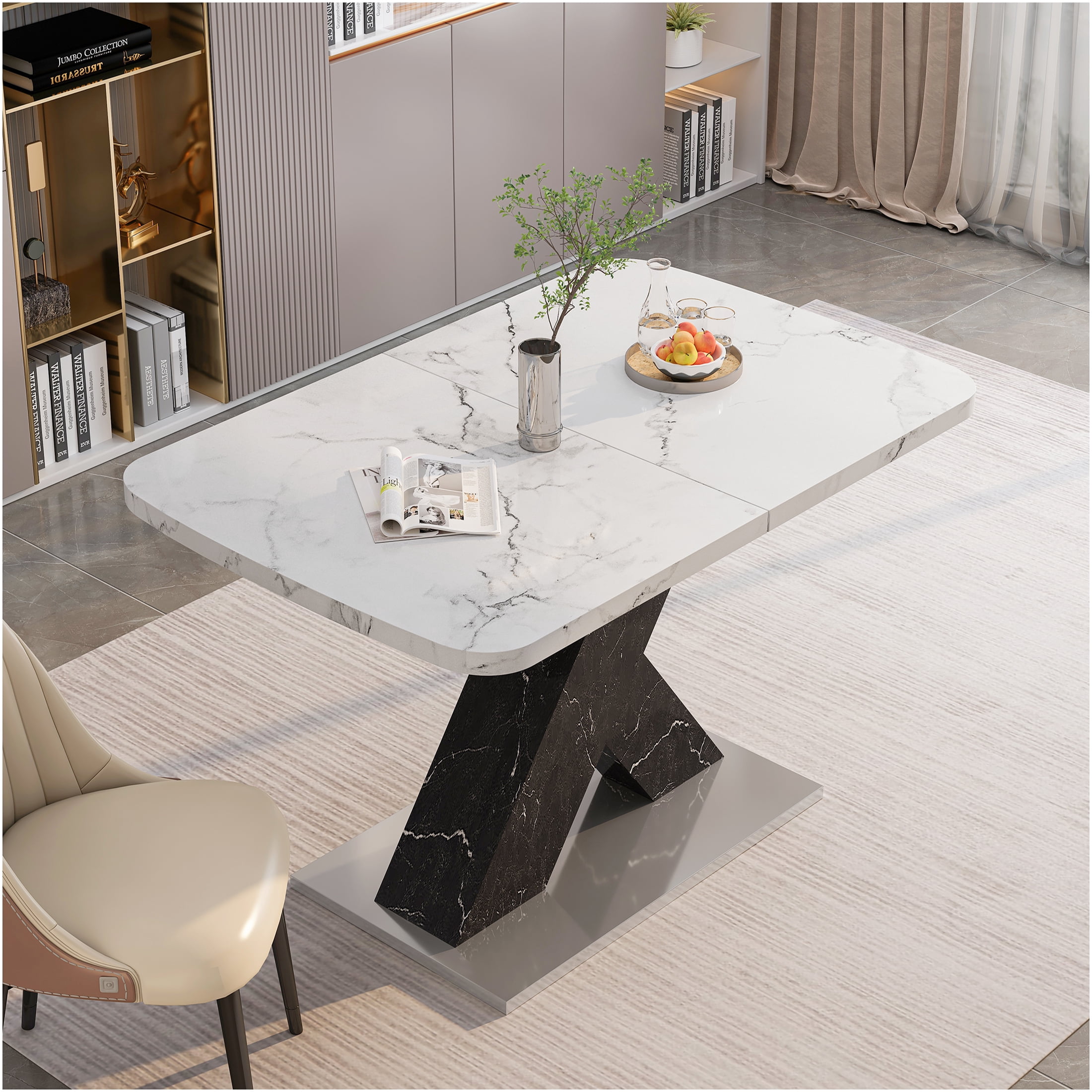 JERFIT Modern Expandable Dining Table with White Marble Top & Black X ...