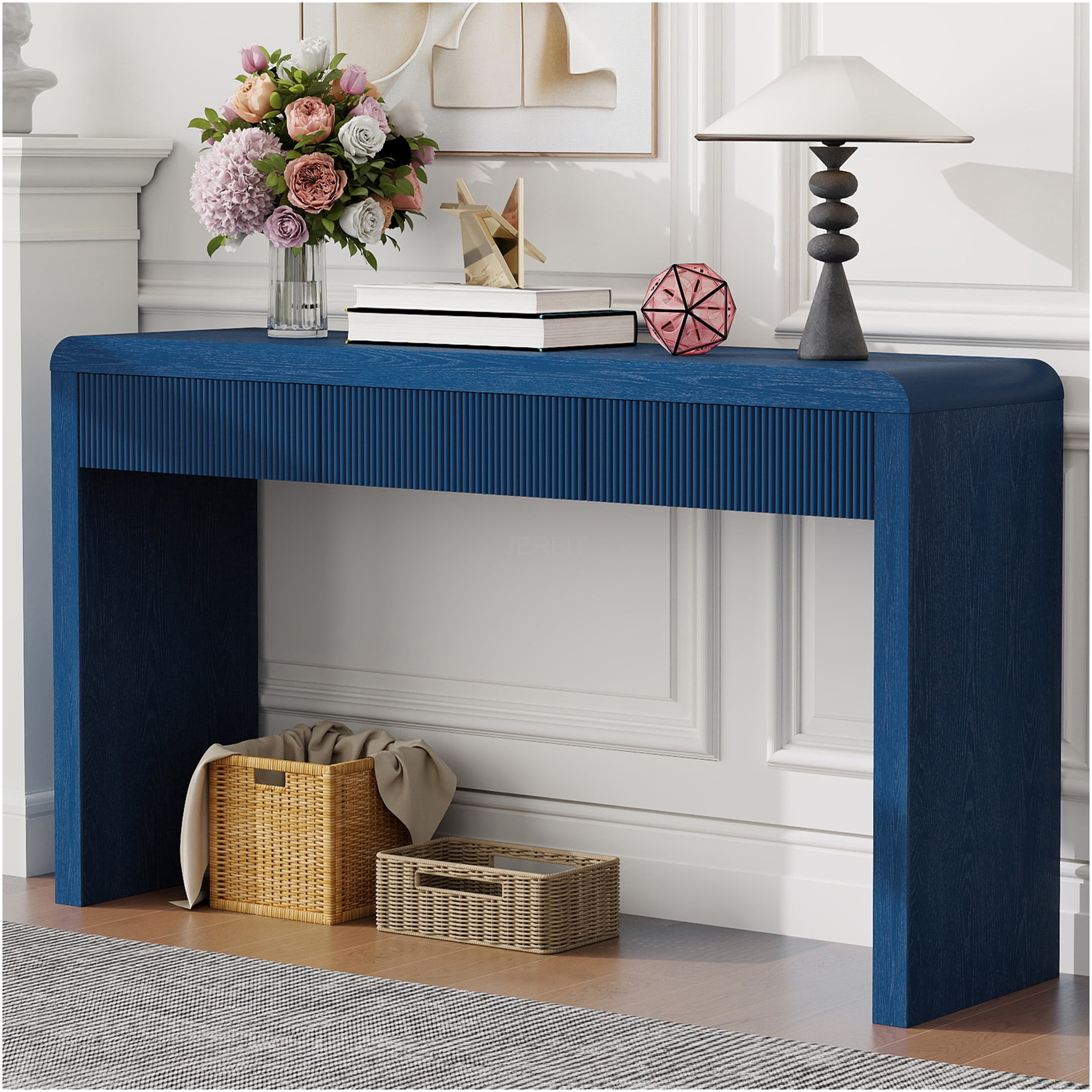 JERFIT Modern Farmhouse Console Table with 3 Fluted Drawers, Navy Blue ...
