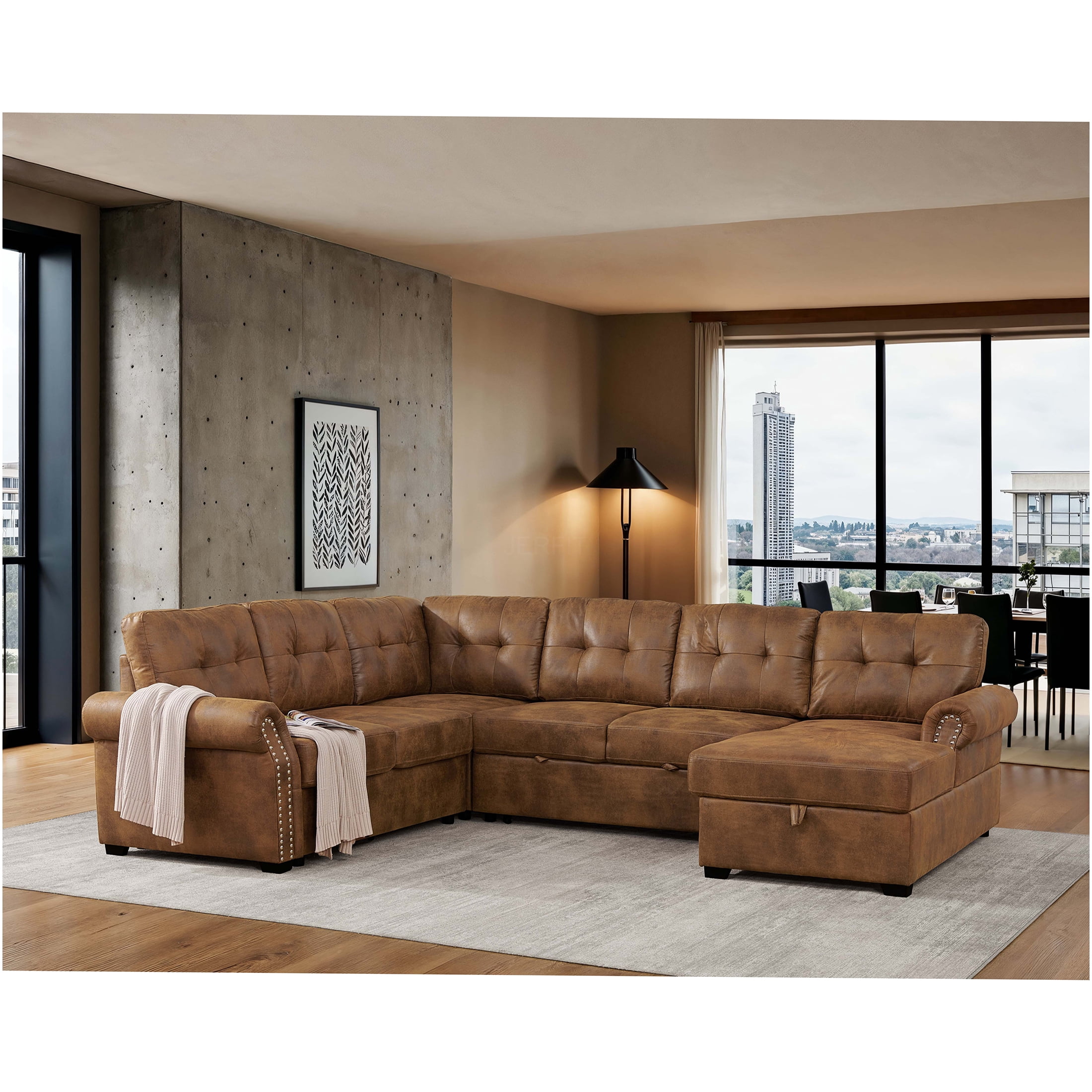 JERFIT Modern Faux Leather U-Shaped Sectional Sofa with Pull-Out ...