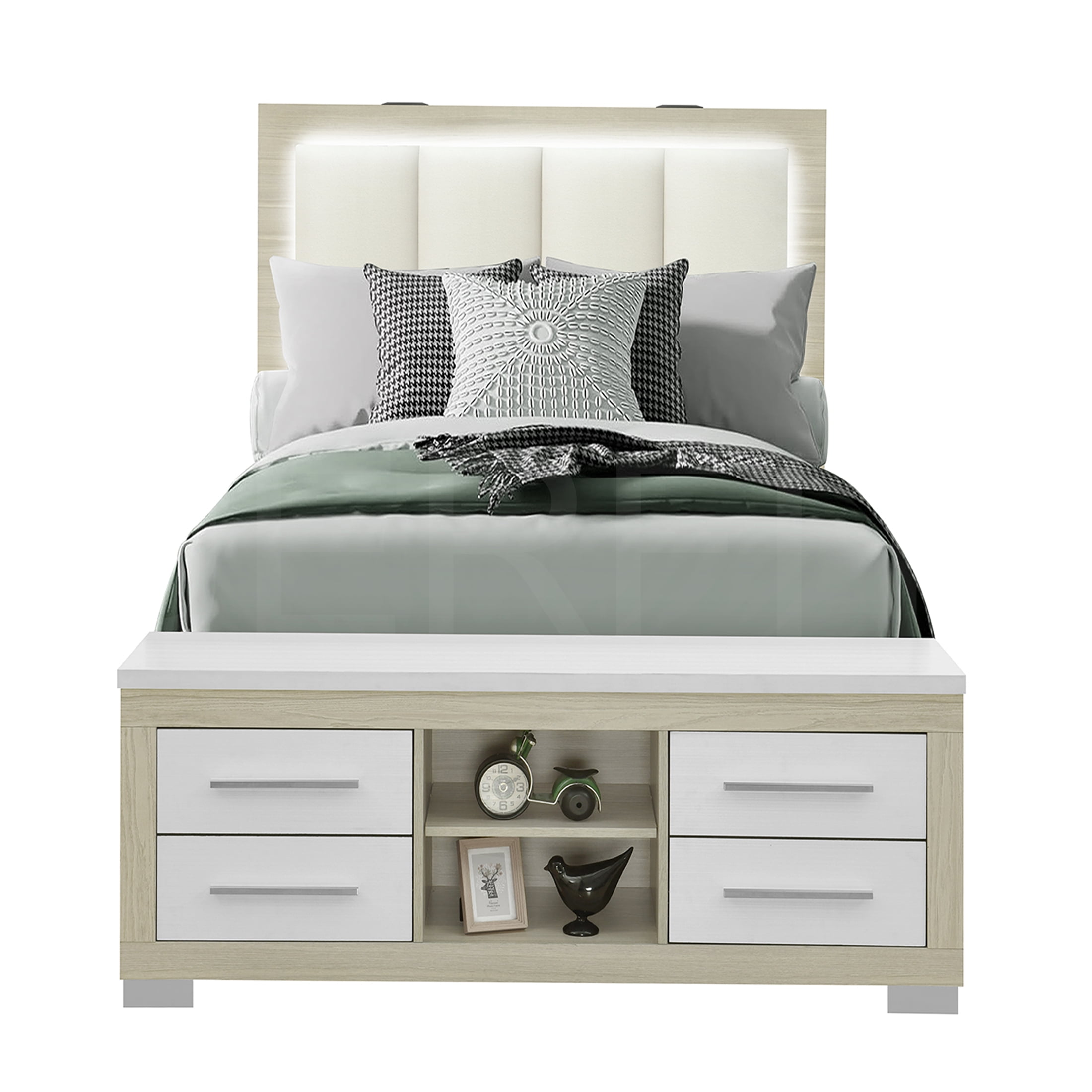 JERFIT Modern Full Bed Frame with Storage, Natural White Rubber Wood ...