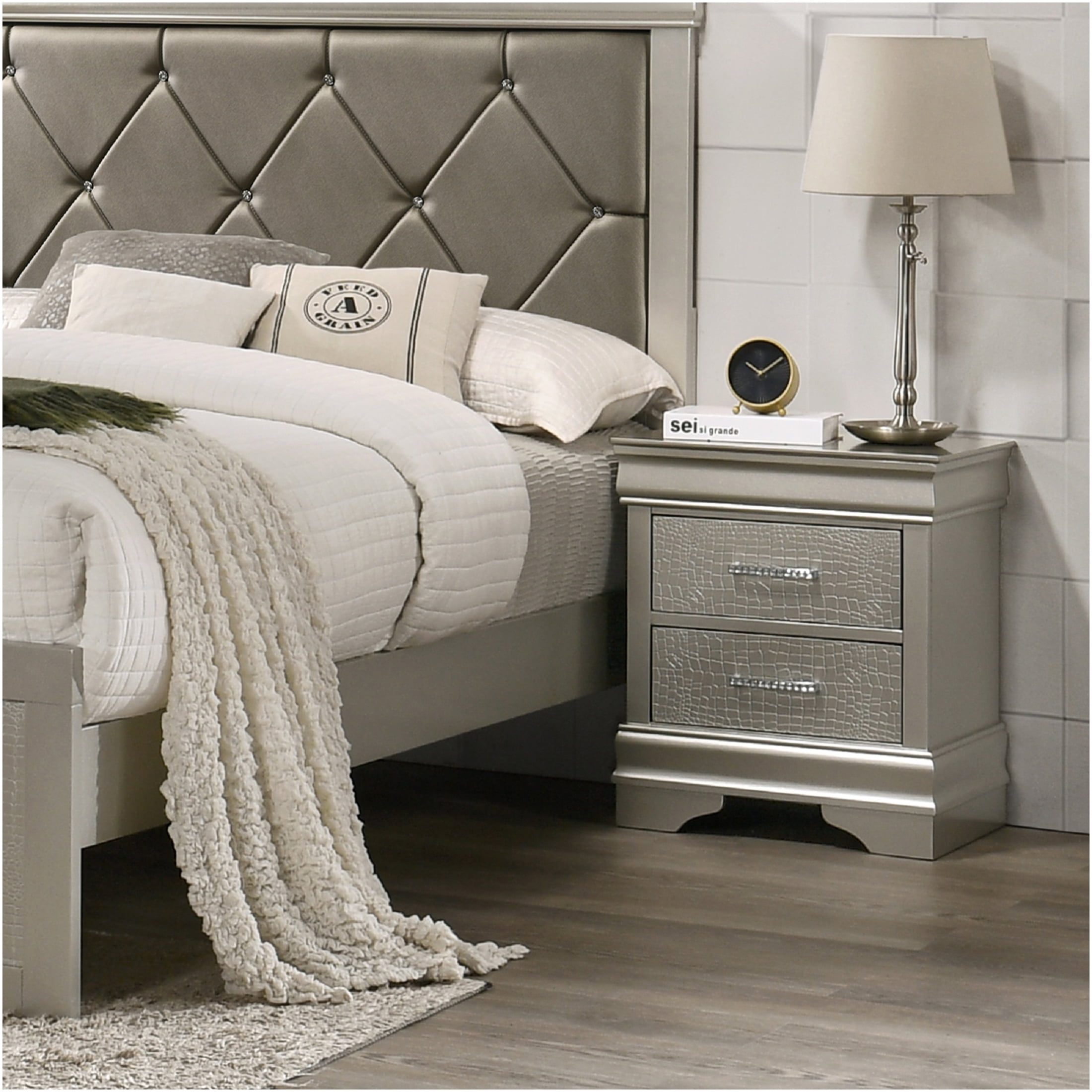 JERFIT Modern Glam Nightstand with 2 Drawers, Beige Champagne Finish ...