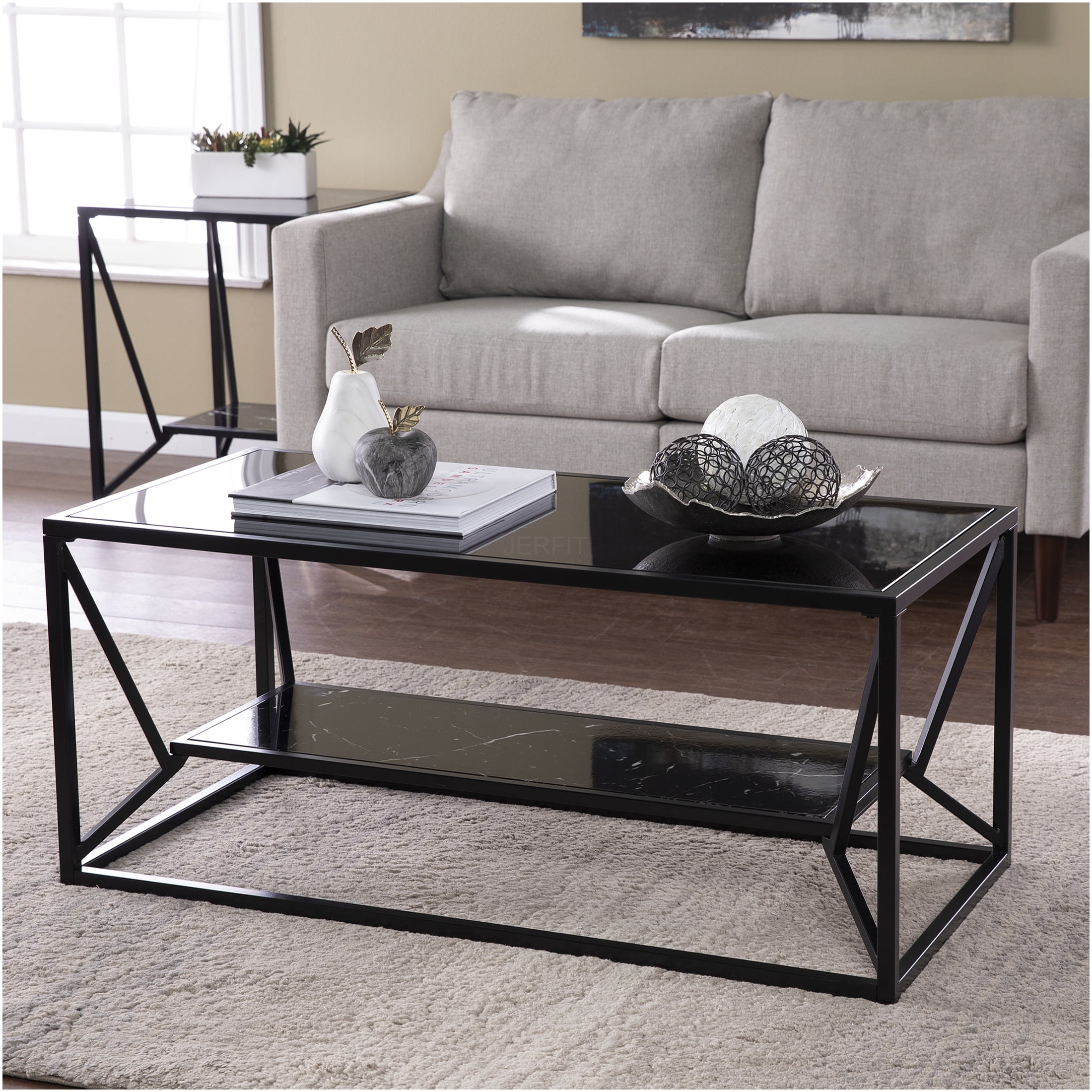 JERFIT Modern Glass Top Coffee Table with Storage Shelf, Geometric Iron ...