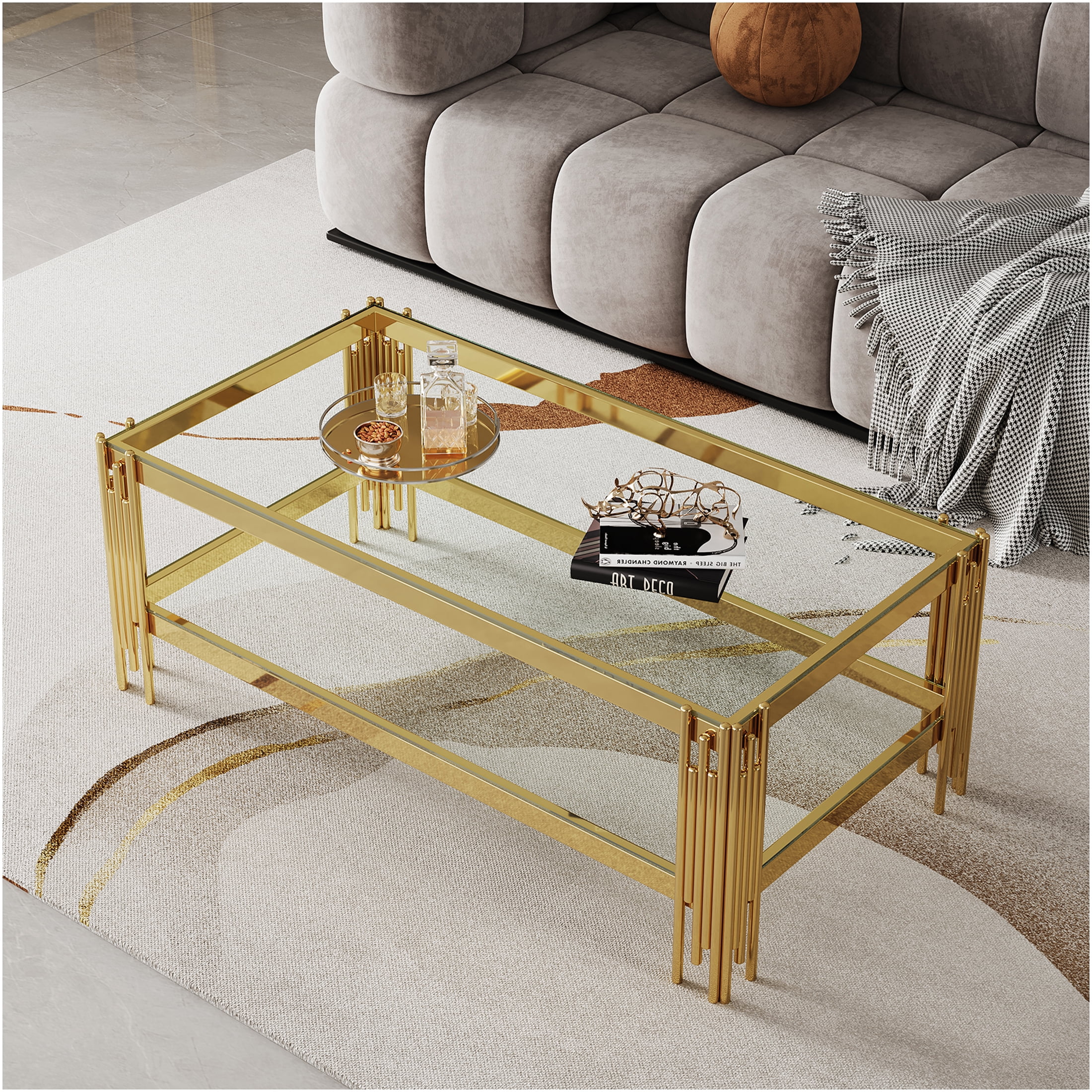 JERFIT Modern Gold Coffee Table with Double Glass Shelves, Metal Frame ...