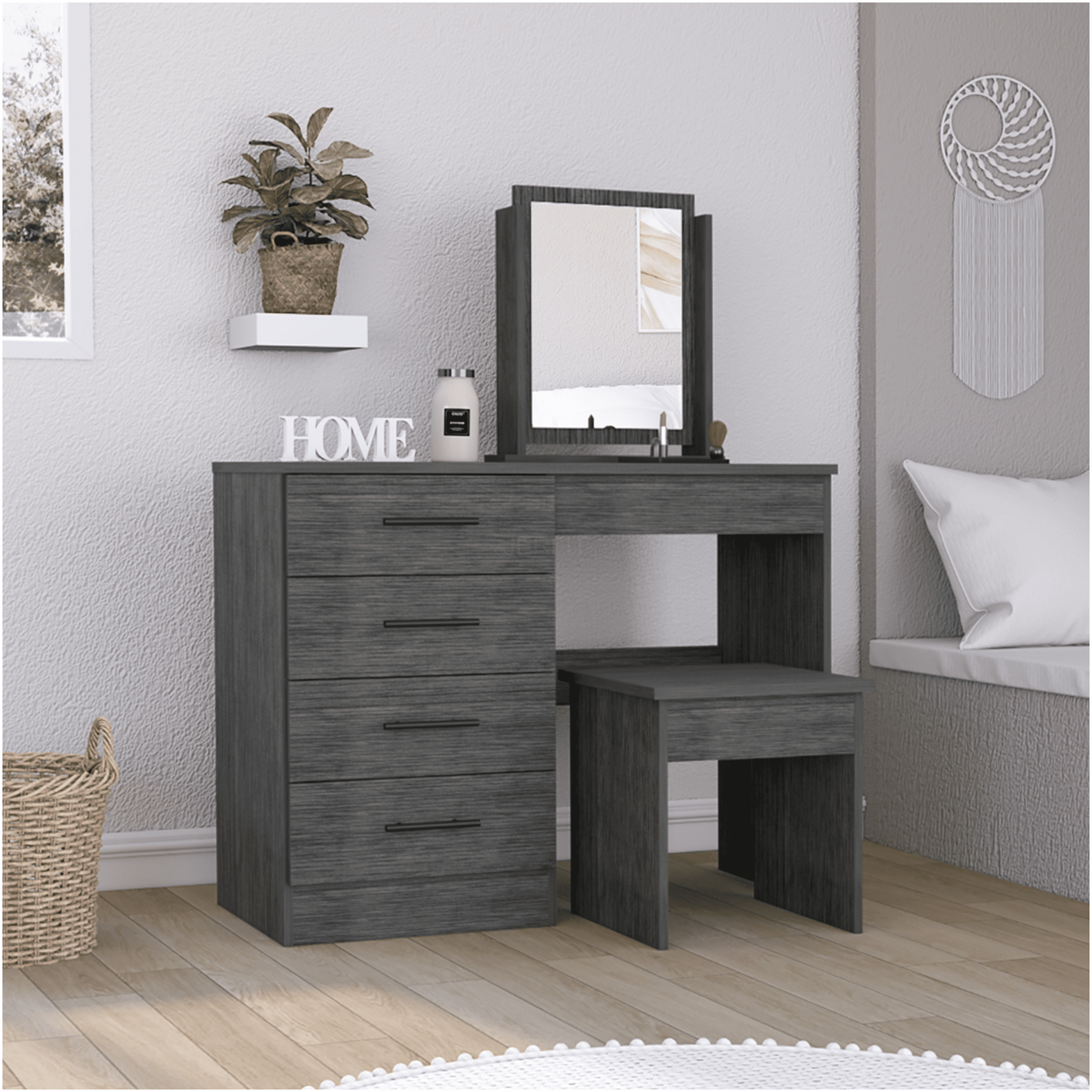 JERFIT Modern Gray Makeup Vanity Set with Mirror, 4 Drawers & Stool ...