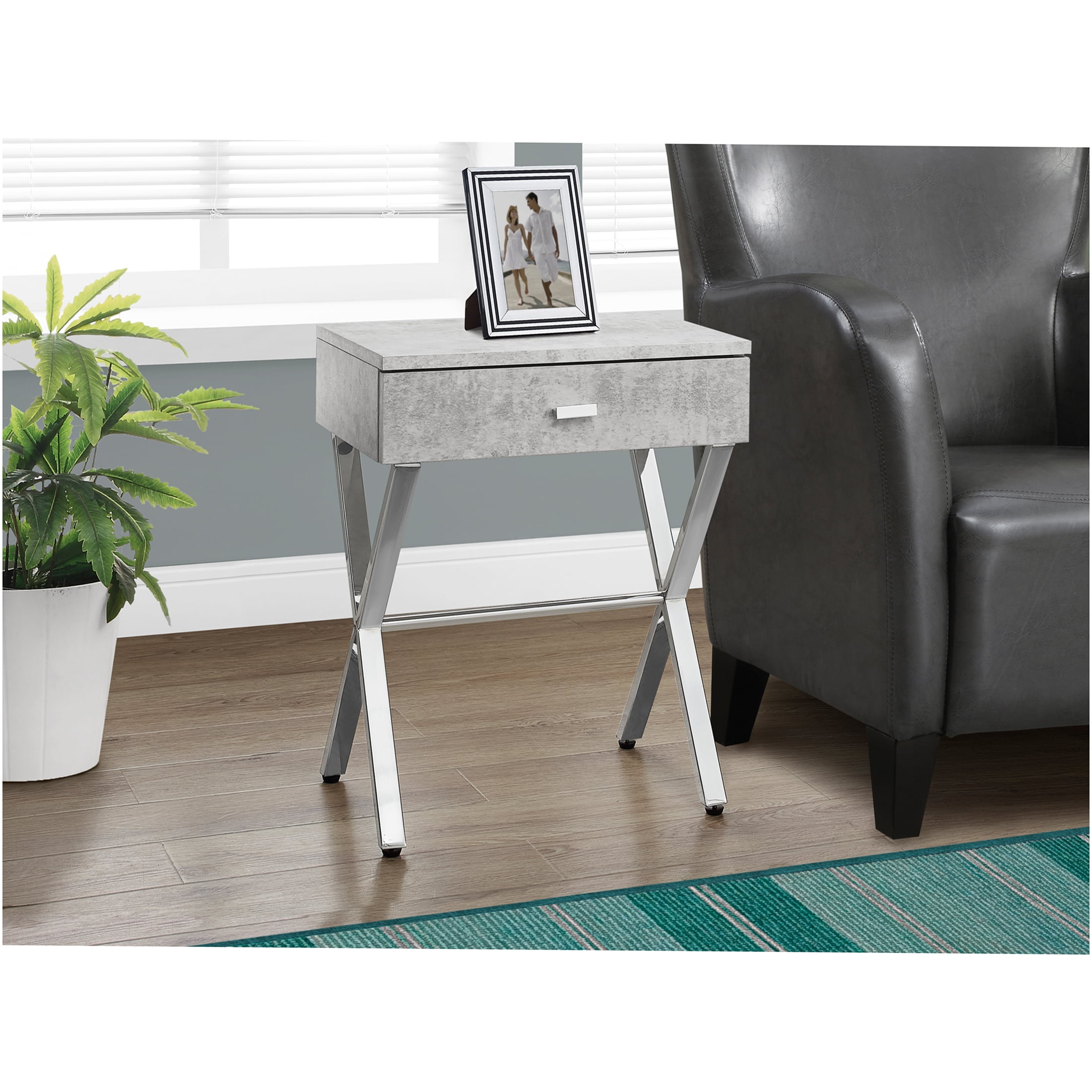 JERFIT Modern Grey Accent Table with Storage Drawer, Chrome Metal X ...