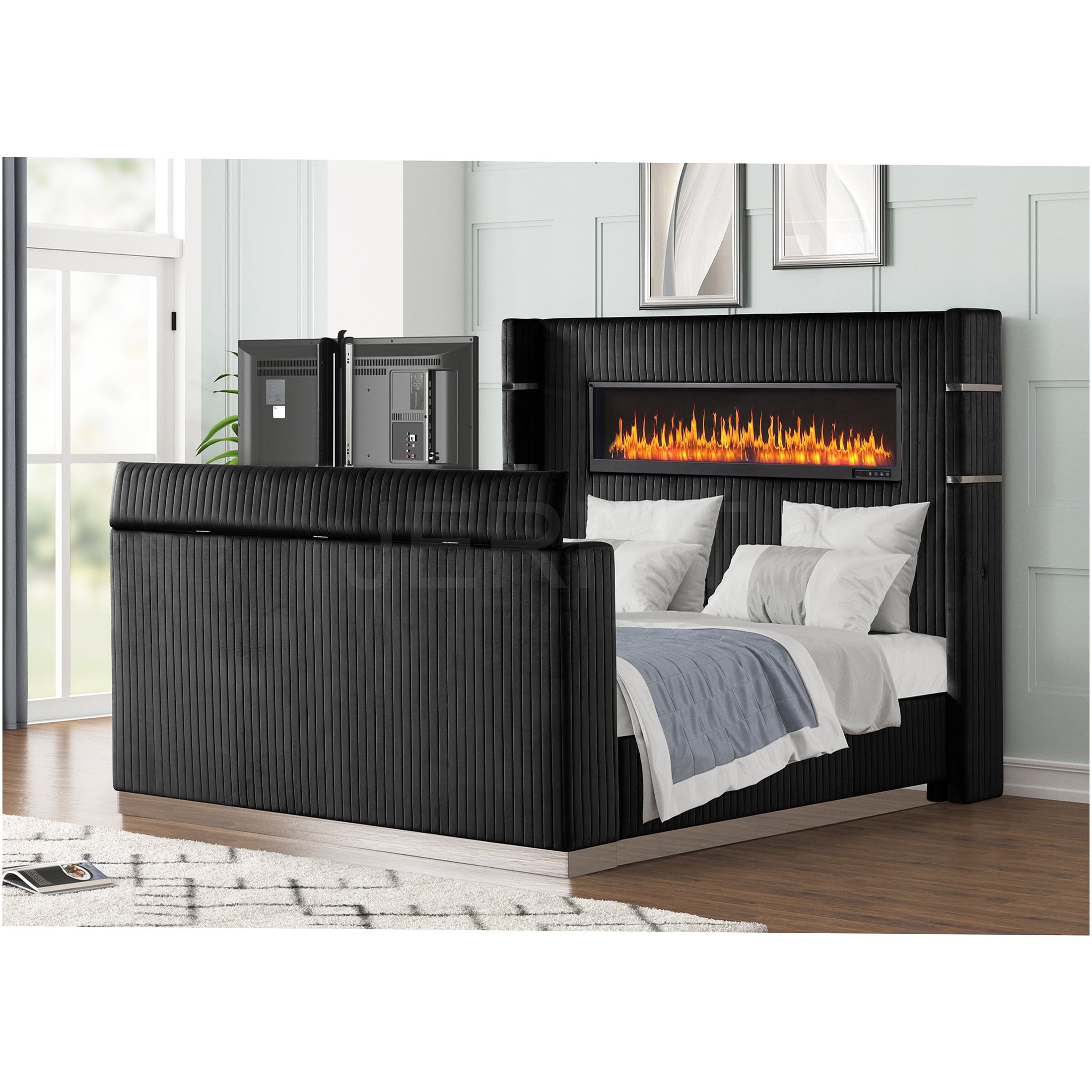 JERFIT Modern King Bed Frame with LED Fireplace Headboard Footboard TV ...