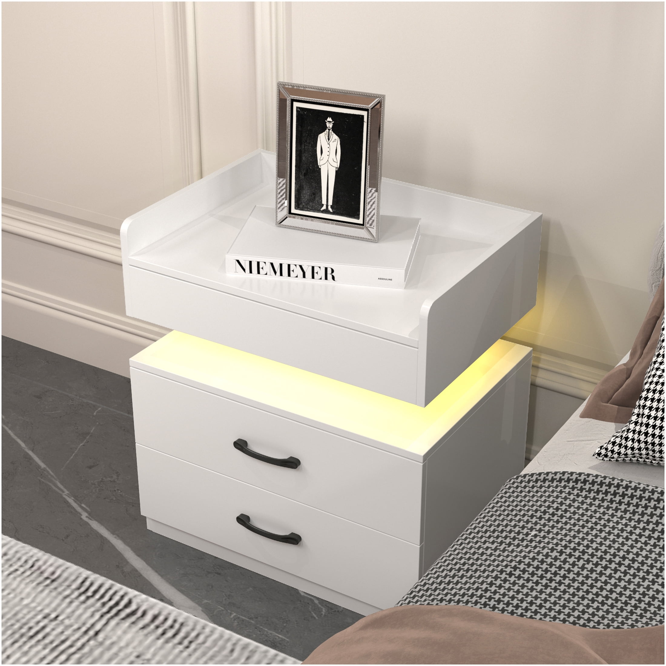 JERFIT Modern LED Nightstand with 2 Drawers, White MDF Bedside Table ...