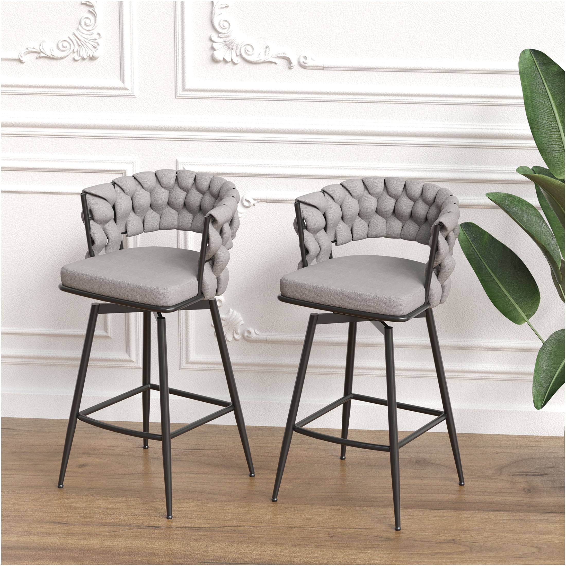 JERFIT Modern Linen Upholstered Bar Stools Set of 2, 360 Swivel Counter ...