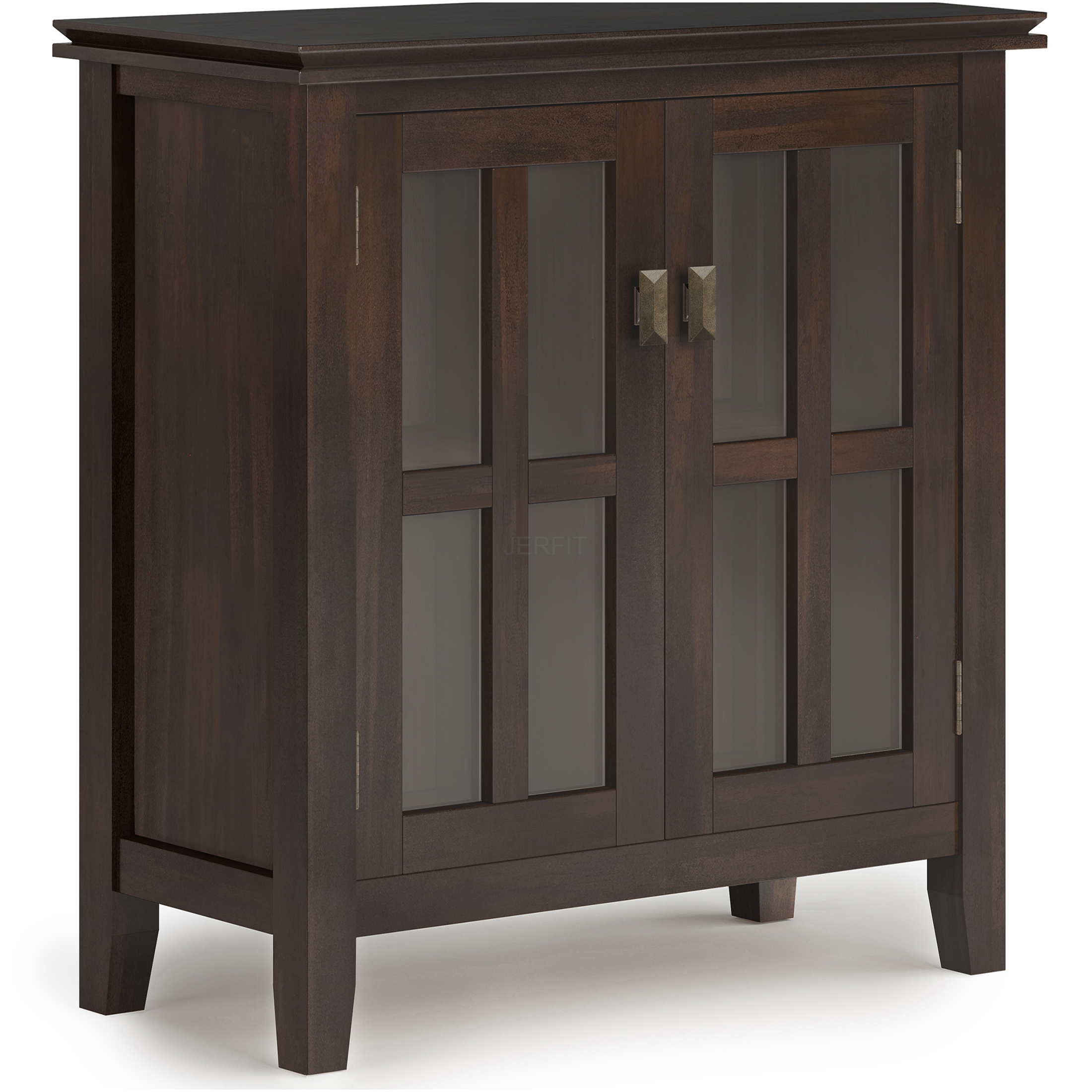 JERFIT Modern Low Profile Storage Cabinet with Glass Doors, Dark Brown ...