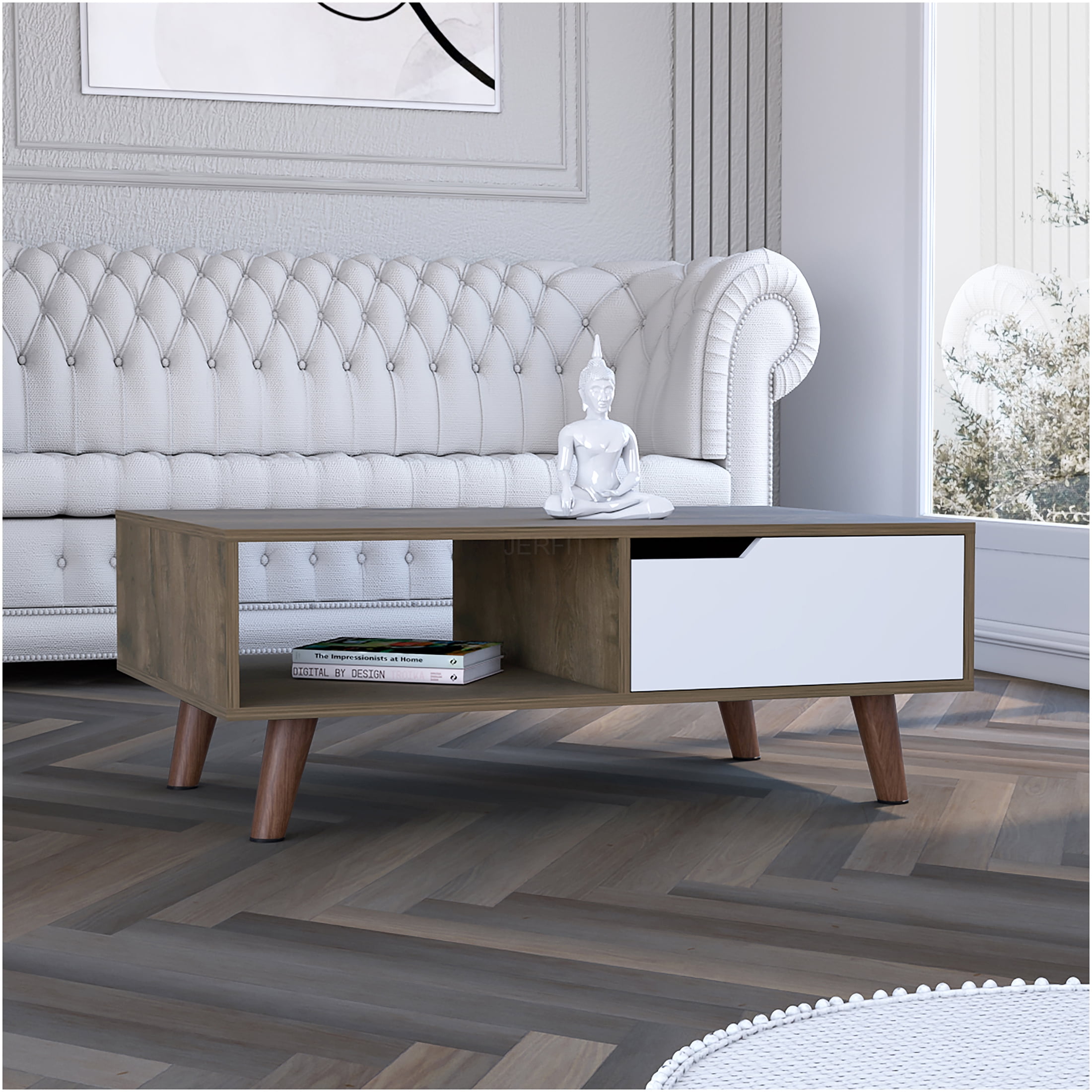 JERFIT Modern Multicolor Coffee Table with Drawer and Shelf, Engineered ...