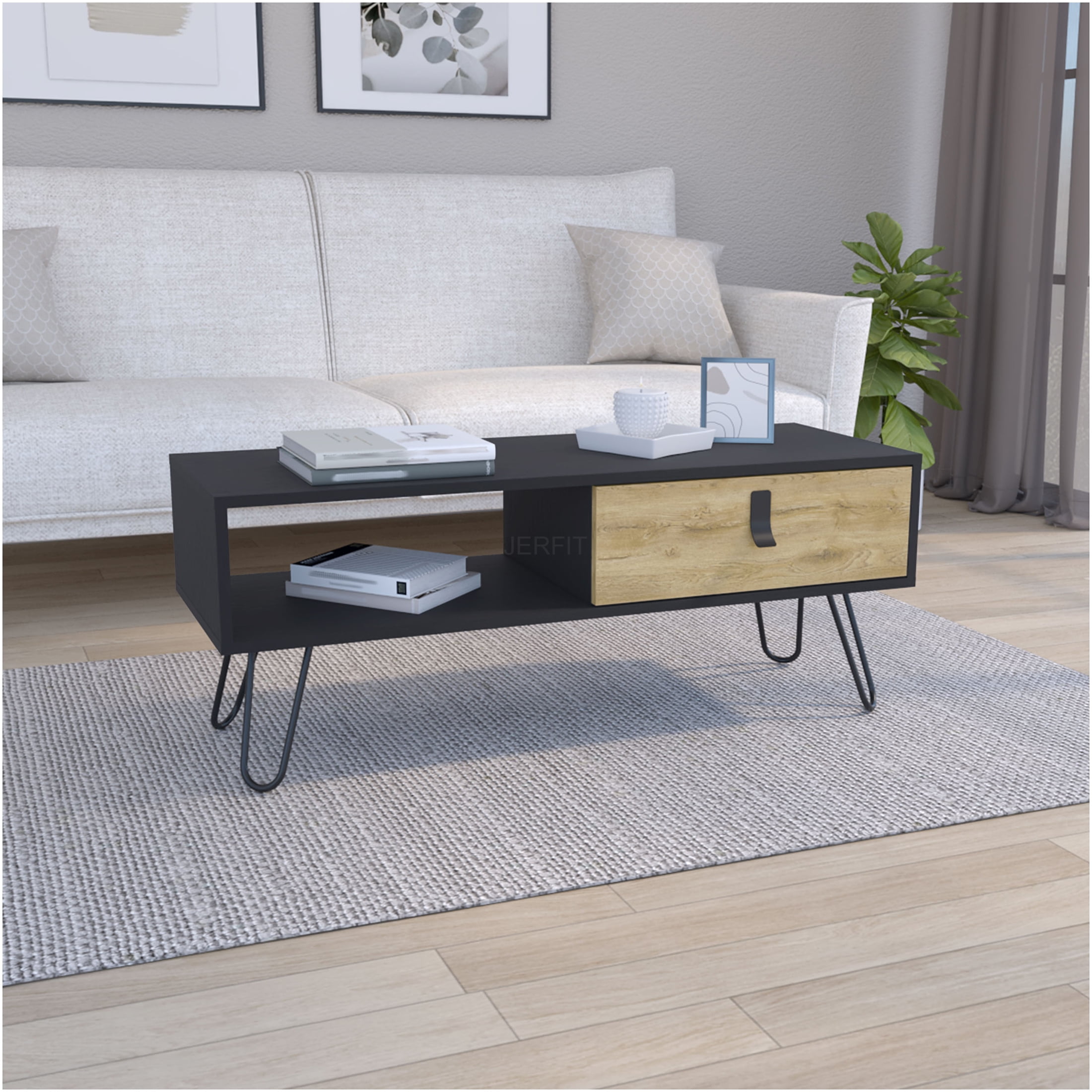 JERFIT Modern Coffee Table with Storage Drawer, Hairpin Legs, Open ...