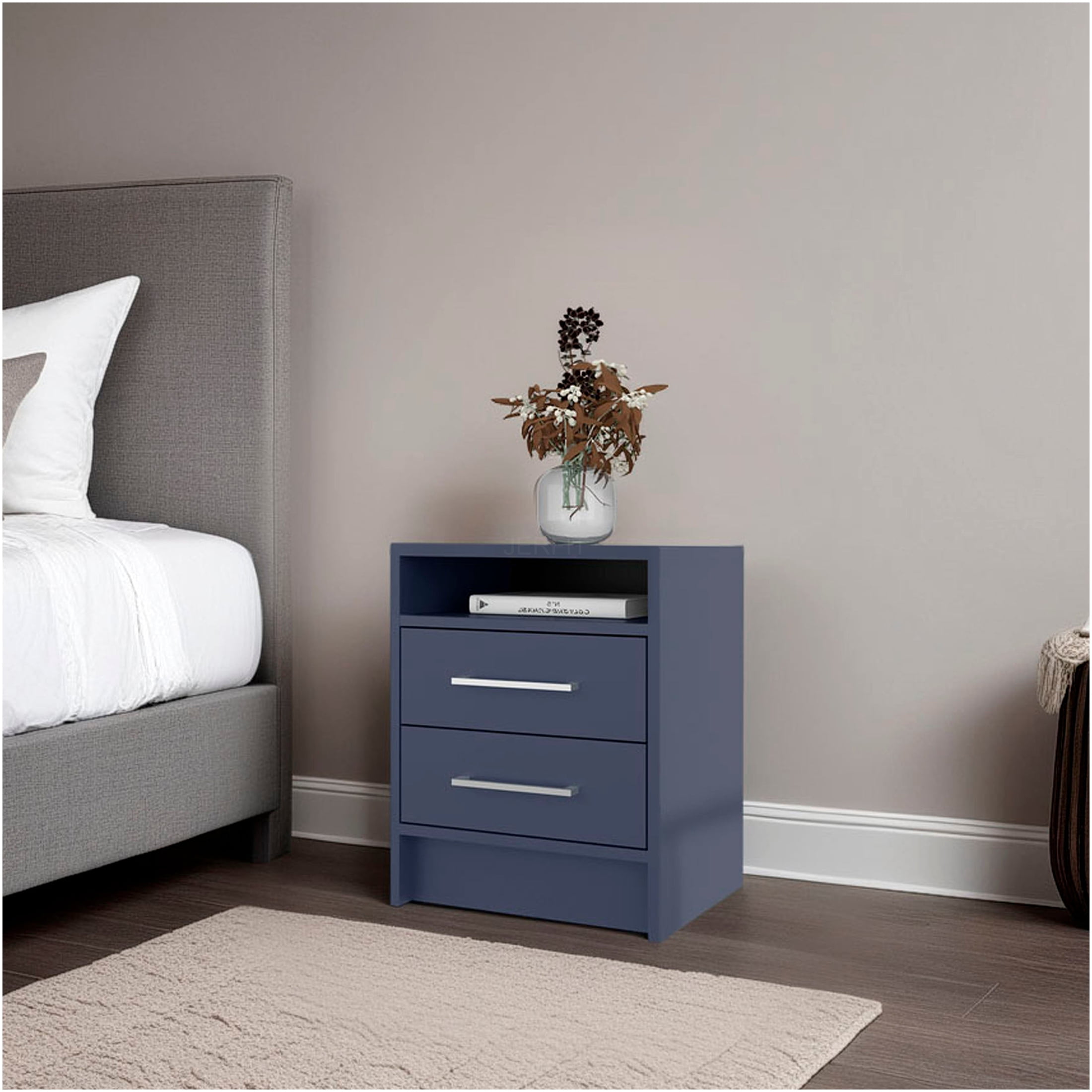 JERFIT Modern Navy Blue Floating Nightstand with 2 Drawers & Open Shelf ...
