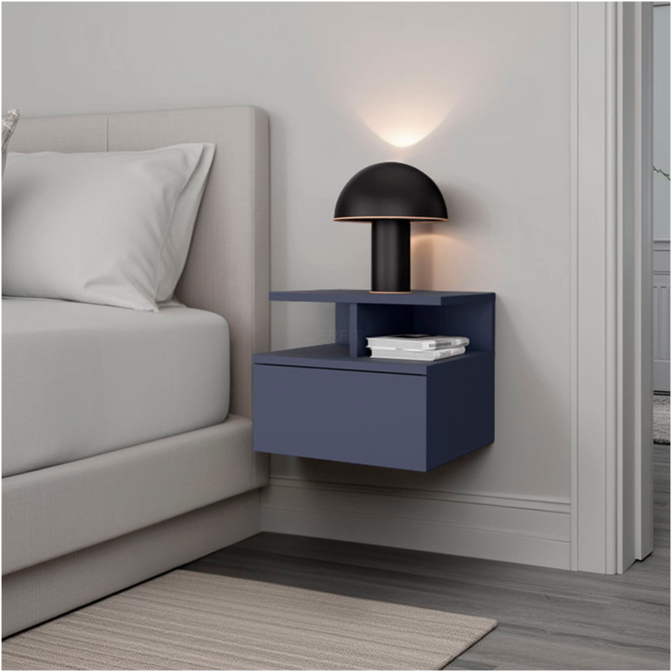 JERFIT Modern Navy Blue Floating Nightstand with Drawer, Wall Mount ...
