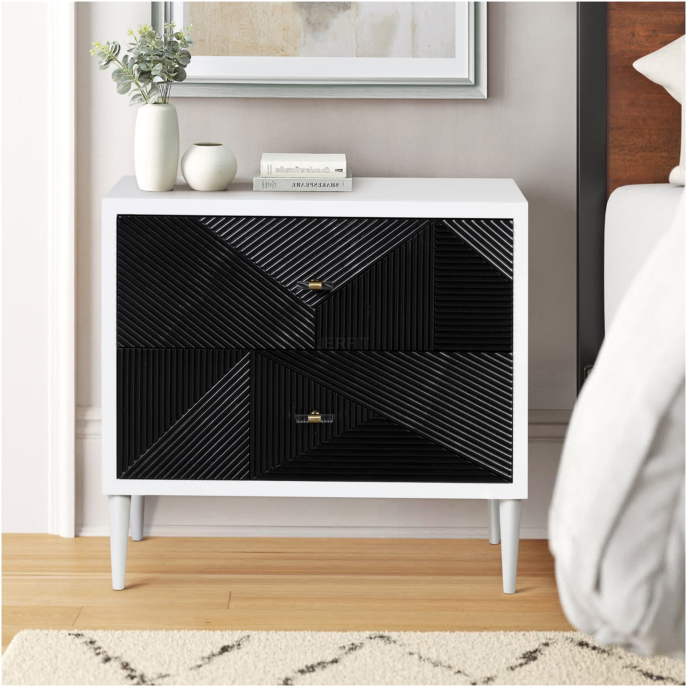 JERFIT Modern Nightstand with 2 Drawers, White and Black Bedside Table ...