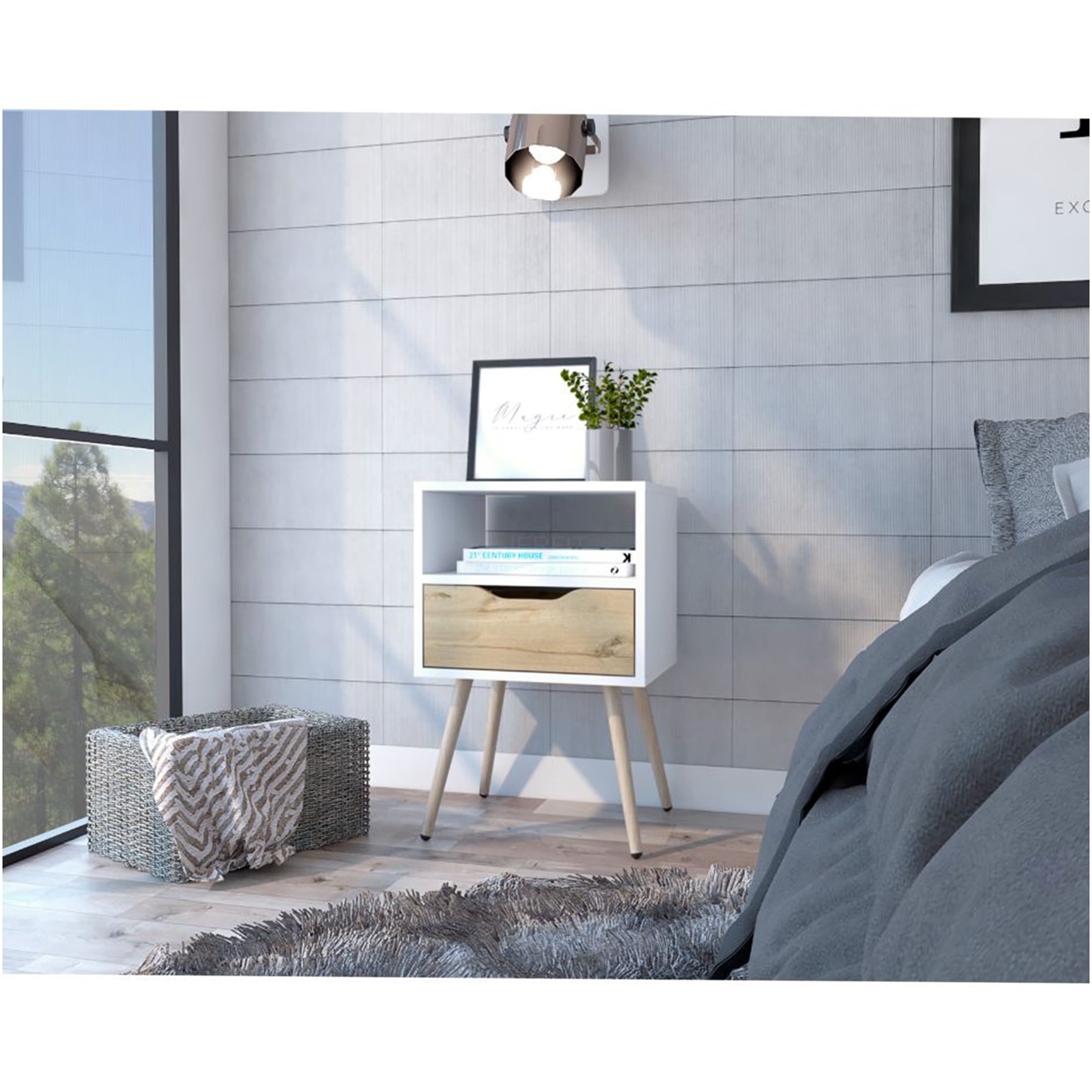 JERFIT Modern Nightstand with Drawer and Shelf, Sturdy Particle Board ...