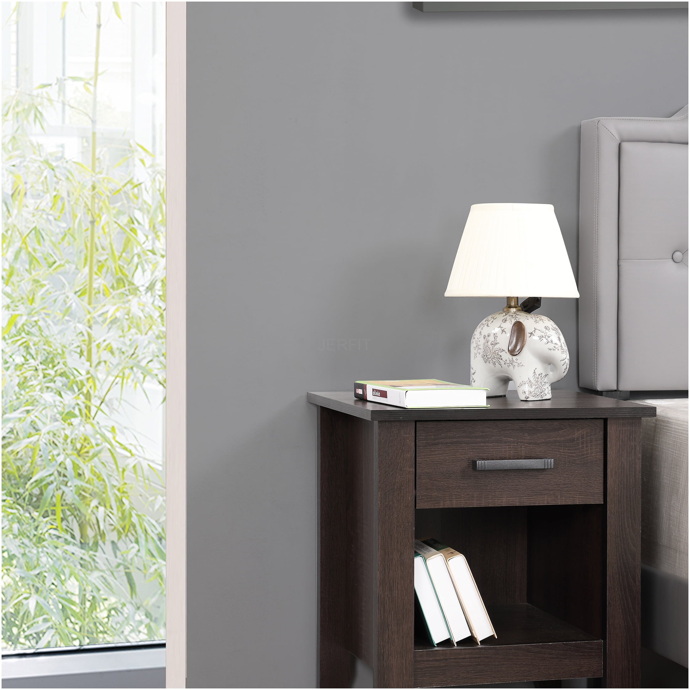 JERFIT Modern Nightstand with Wenge Finish, Brown Bedside Table with ...