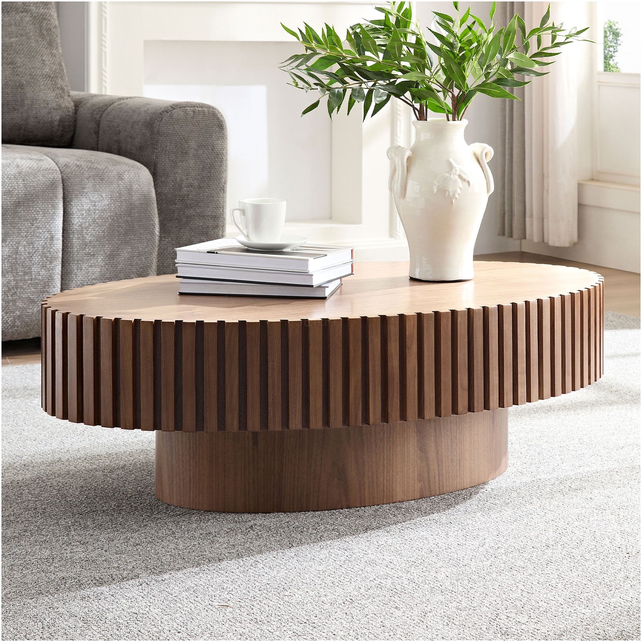 JERFIT Modern Oval Drum Coffee Table with Pedestal Base for Living Room ...