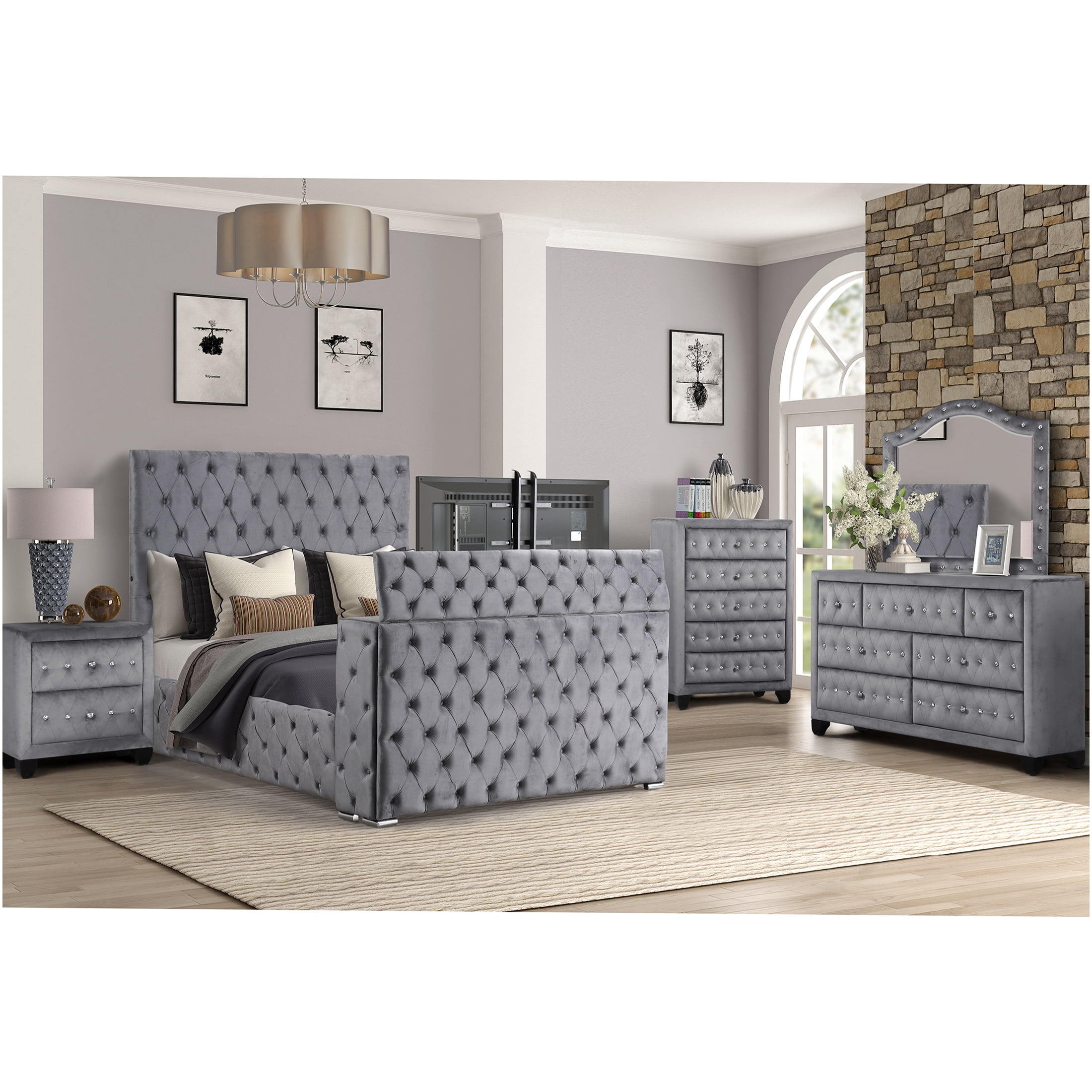 JERFIT Modern Queen 5-Piece Bedroom Set with Electric Fireplace & TV ...
