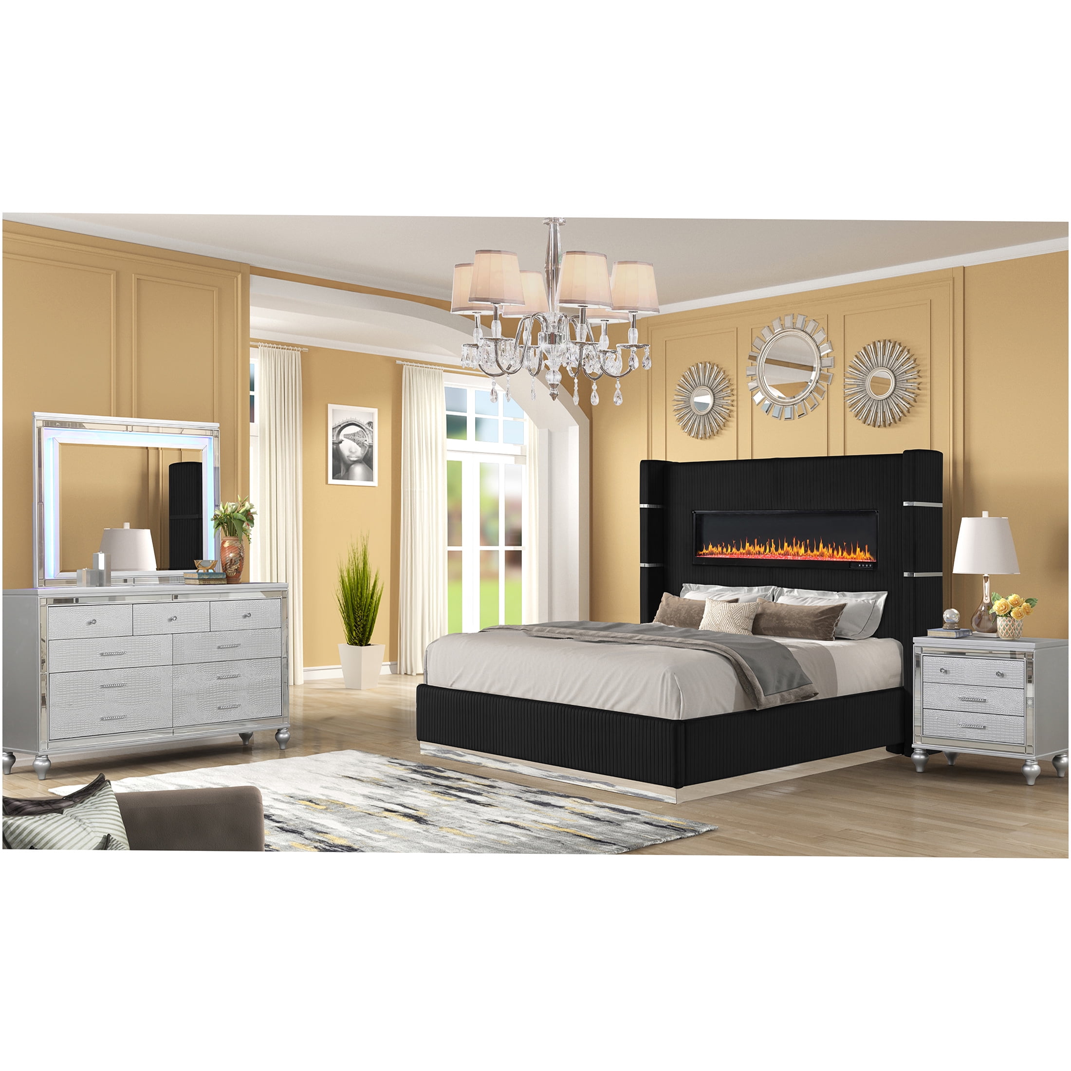 JERFIT Modern Queen Bedroom Set with LED Fireplace & Bluetooth Speakers ...