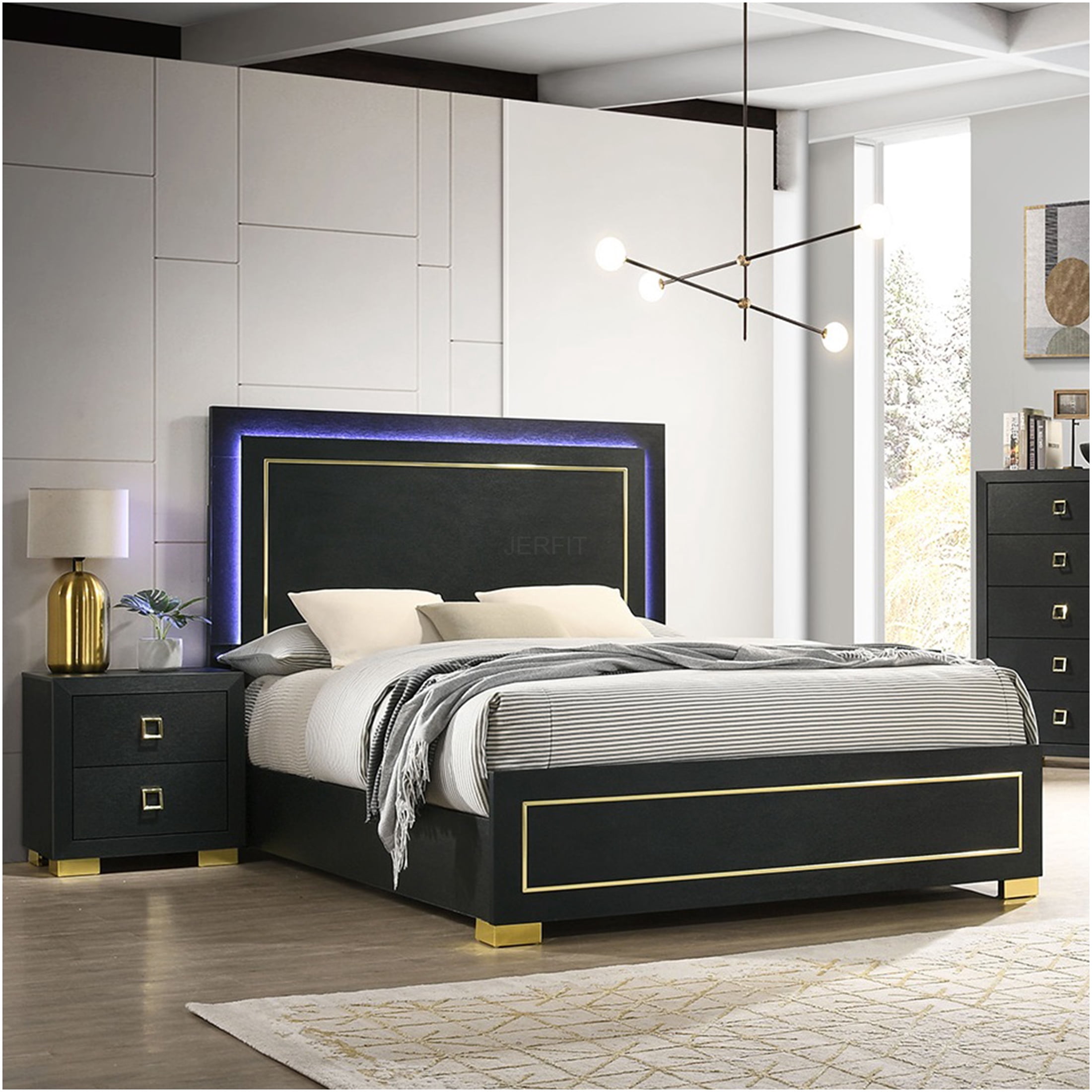 JERFIT Modern Queen Bedroom Set with LED Headboard & Nightstands, Black ...
