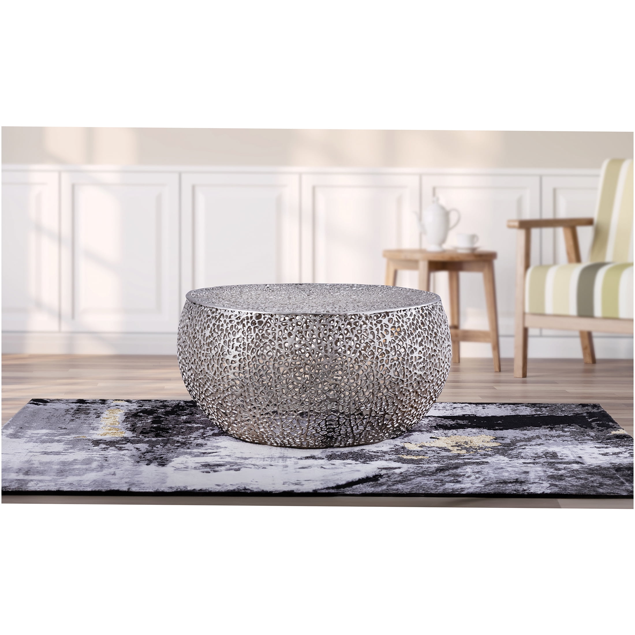 JERFIT Modern Round Aluminum Coffee Table, Silver End Table for Living ...