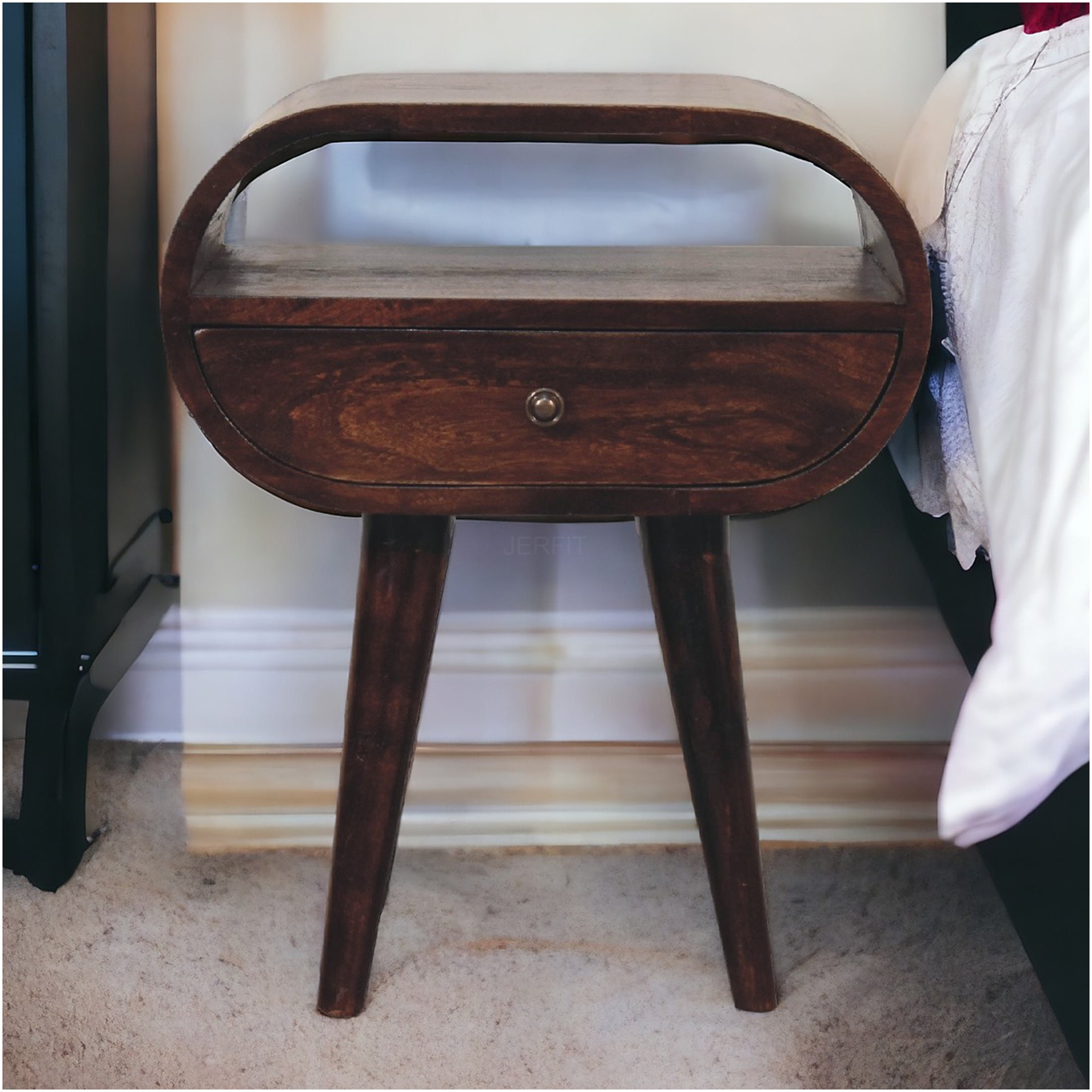 JERFIT Modern Round Nightstand with Drawer, Solid Mango Wood Bedside ...