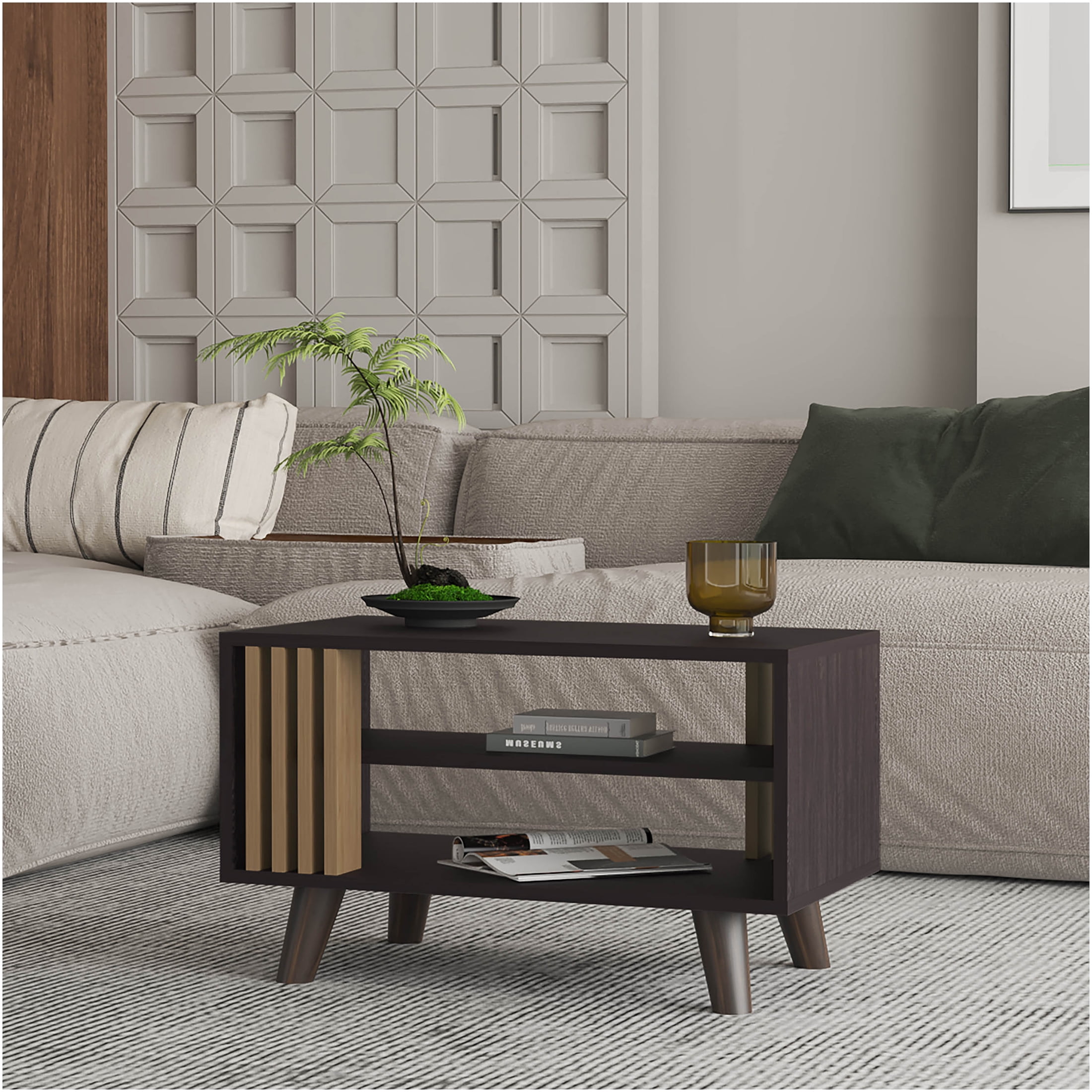 JERFIT Modern Shark Coffee Table with 2 Open Shelves, Multicolor Wood ...