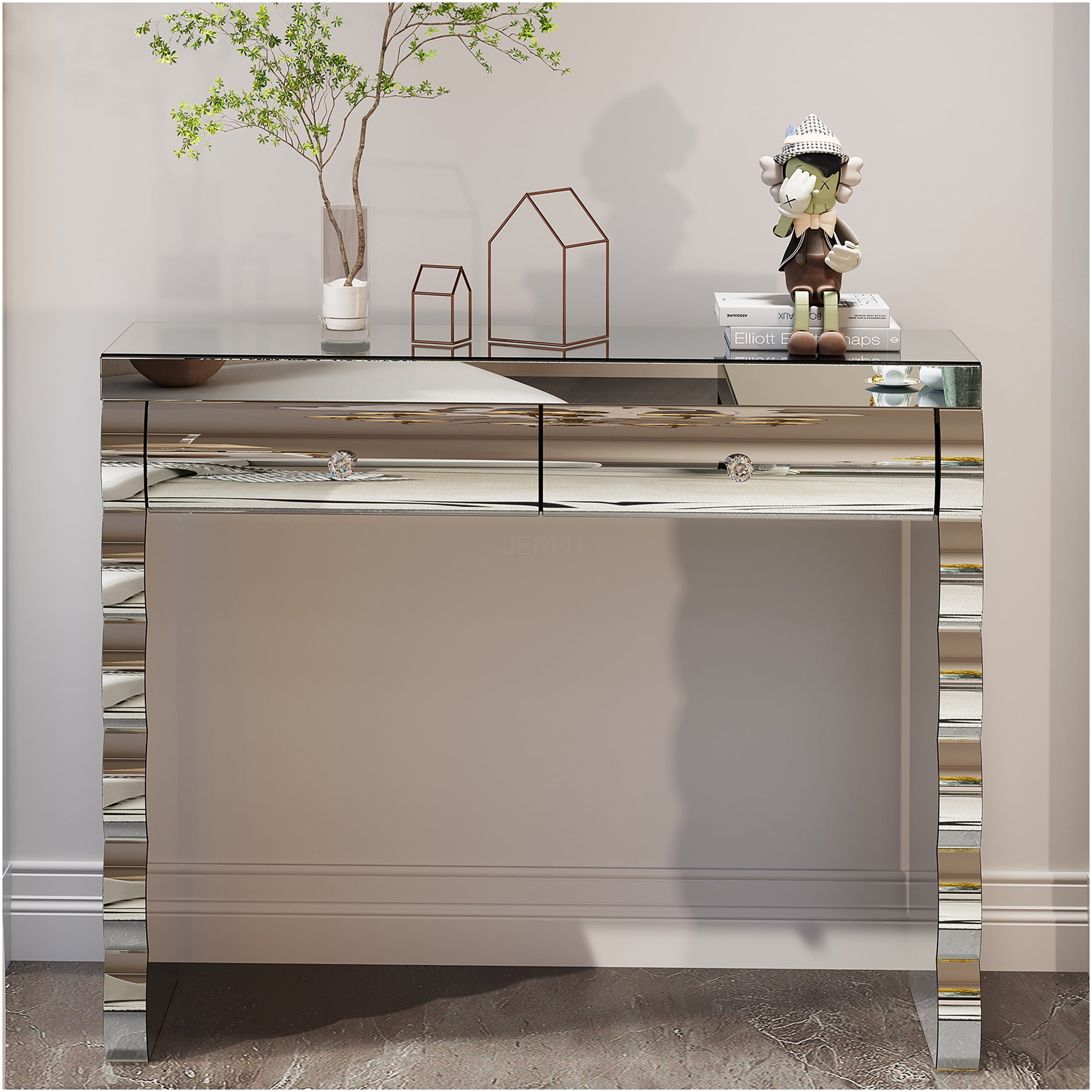 JERFIT Modern Silver Console Table with Curved Baked Mirror, 2-Drawer ...
