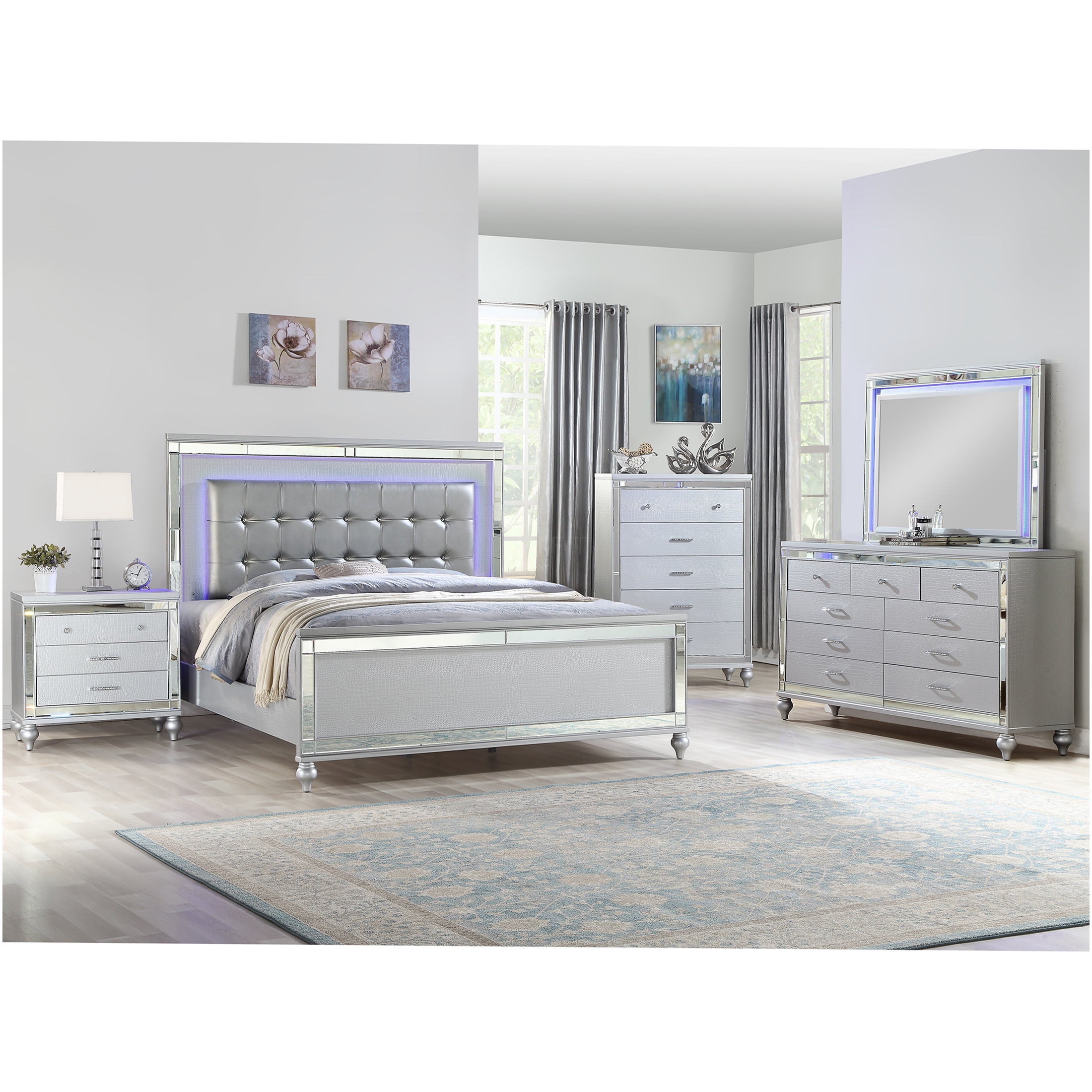 JERFIT Silver Queen 5-Piece LED Modern Bedroom Set with Wood Frame ...