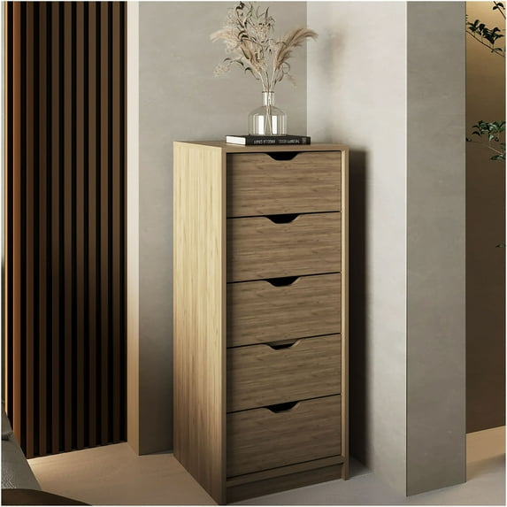 JERFIT Modern 5-Drawer Tall Dresser with Smooth Pull Out System, Beige ...