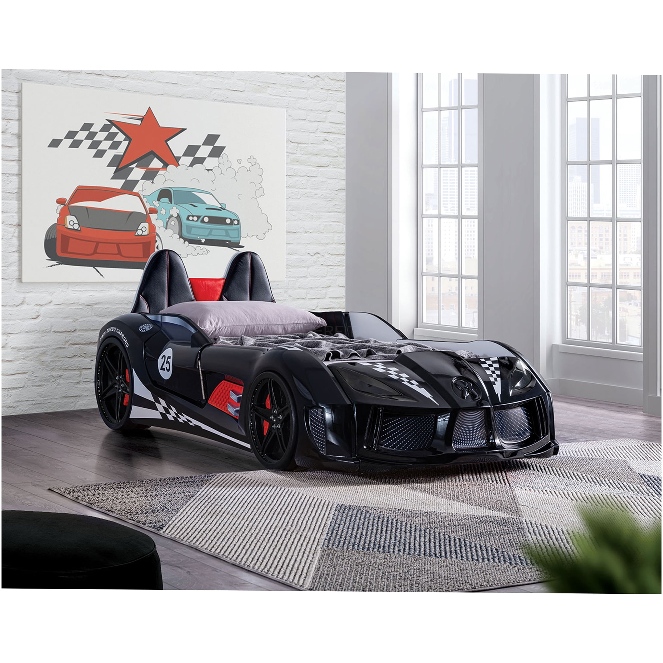 JERFIT Modern Twin Size Race Car Bed with LED Lights, Magnetic Doors ...
