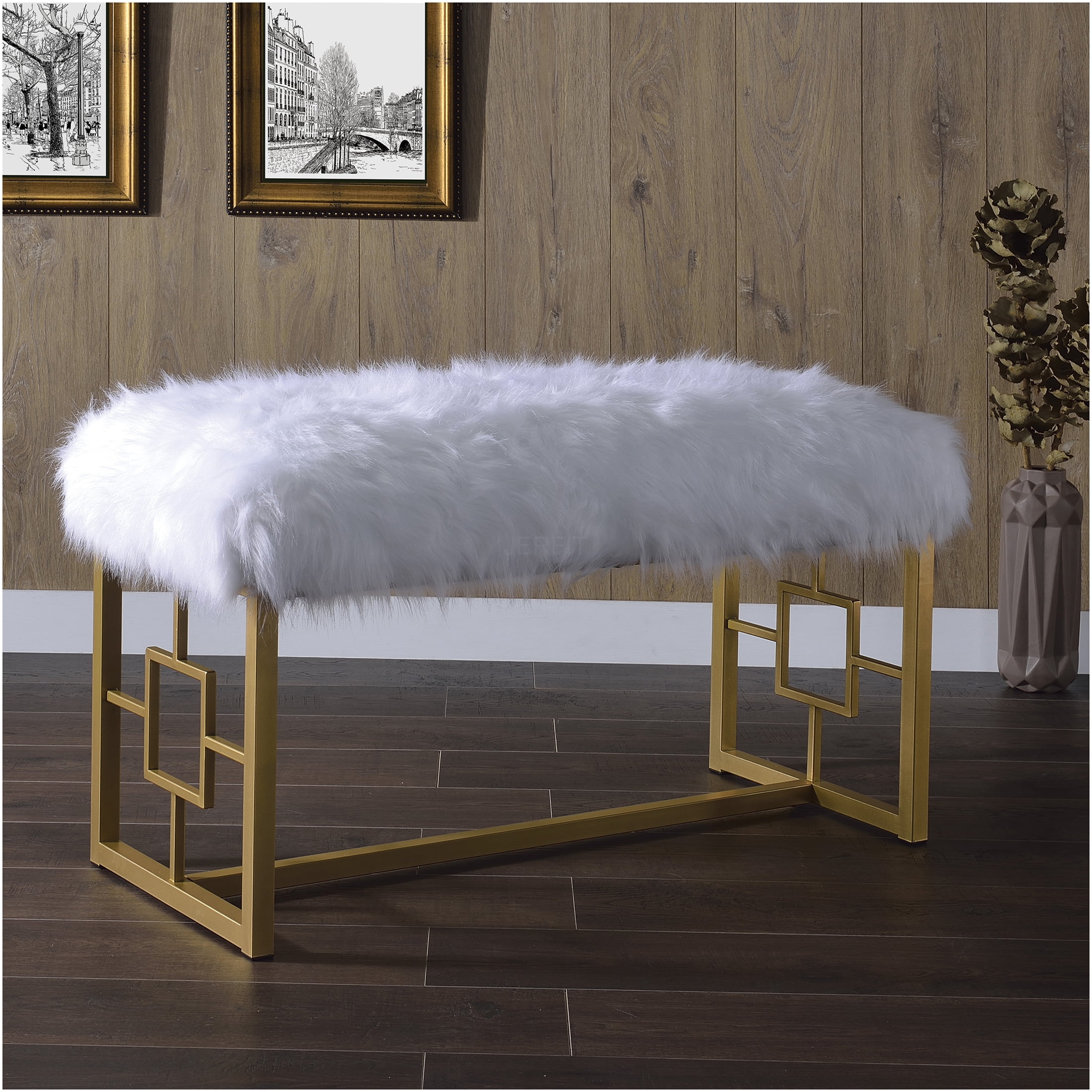 JERFIT Modern Upholstered Faux Fur Bench with Gold Metal Legs, Chic ...