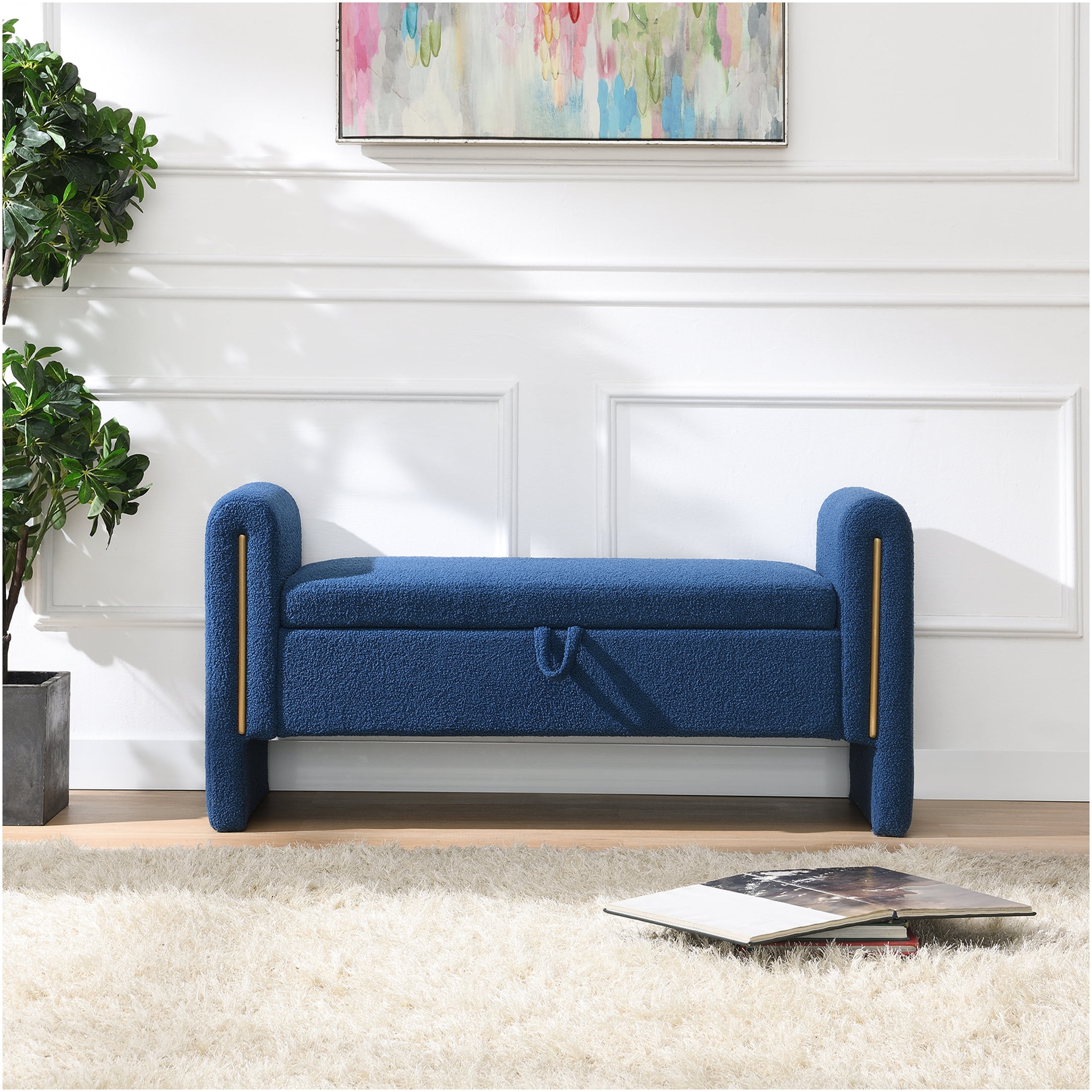JERFIT Modern Upholstered Storage Bench with Arms, Plush Teddy Fabric ...