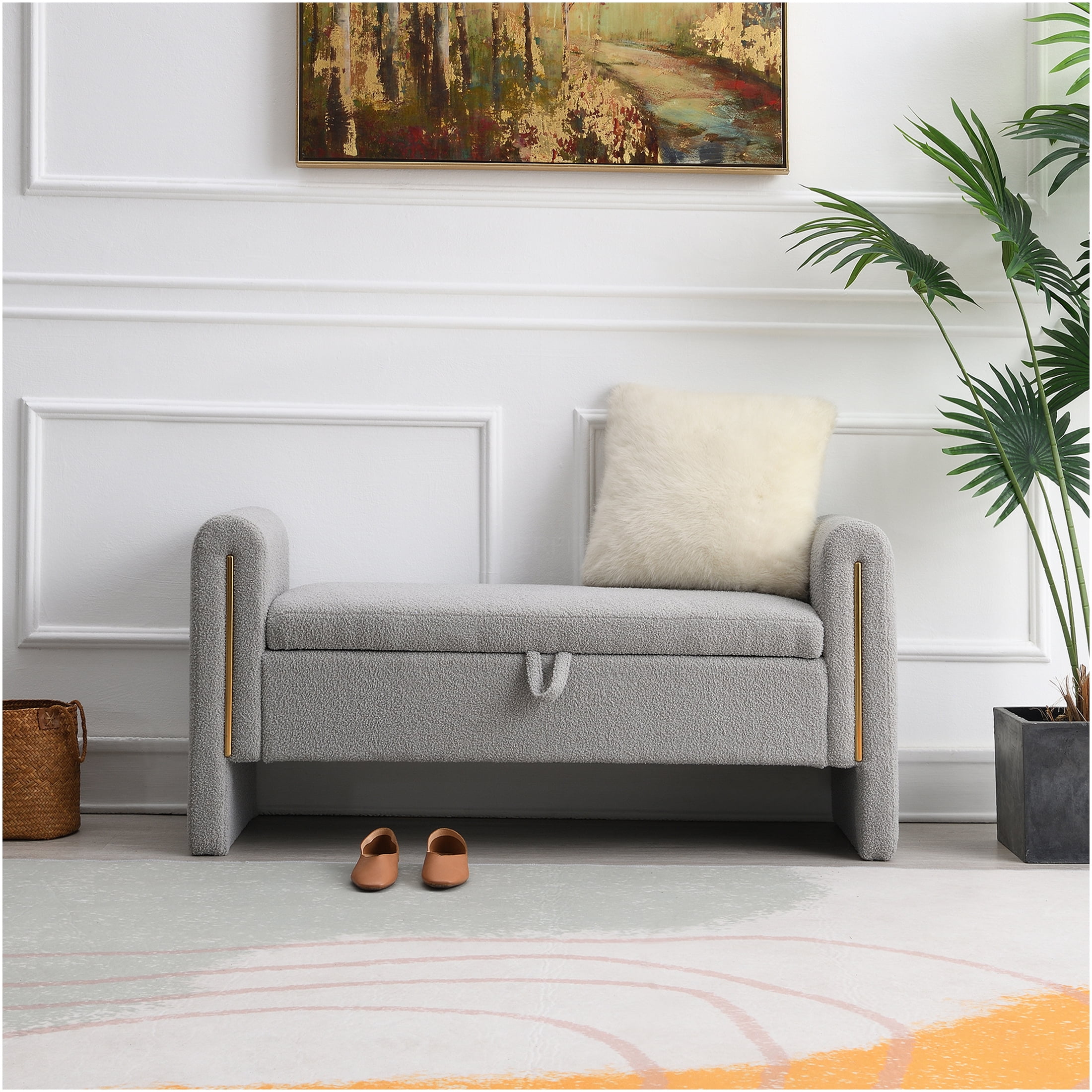 JERFIT Modern Upholstered Storage Bench with Arms, Plush Teddy Grey ...