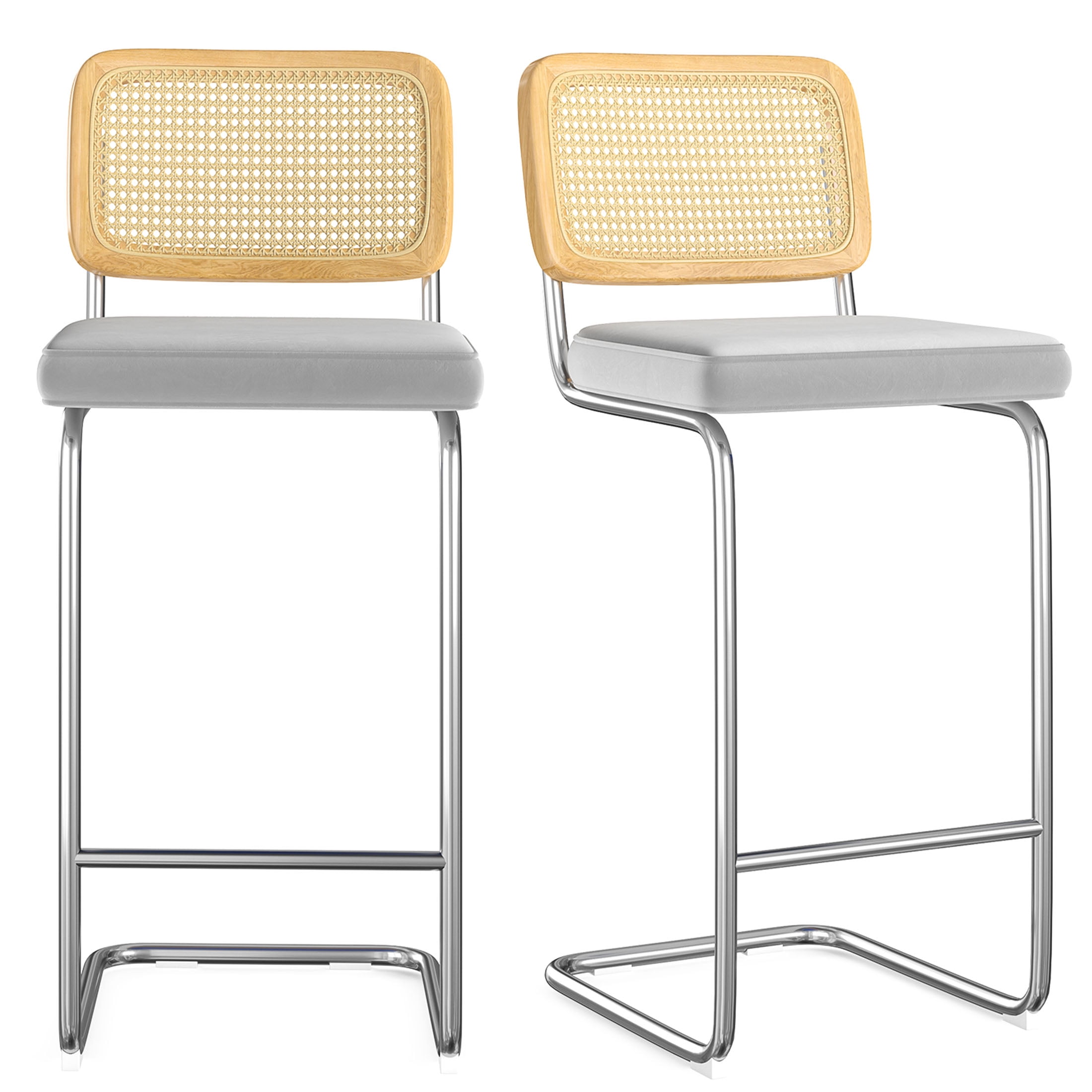 JERFIT Modern Velvet Bar Stools Set of 2 with Rattan Back, Armless ...