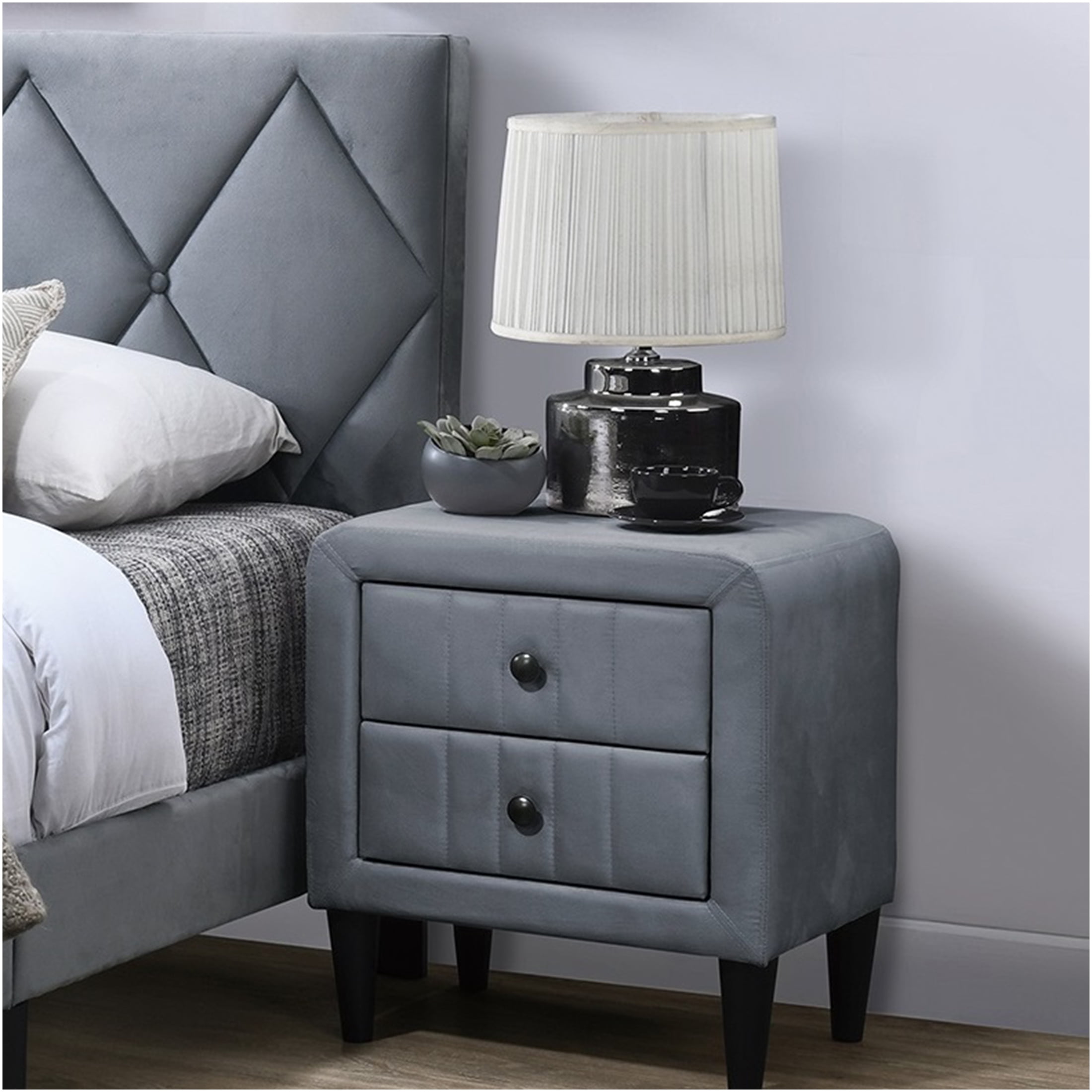 JERFIT Modern Velvet Nightstand with 2 Drawers, Grey Upholstered ...