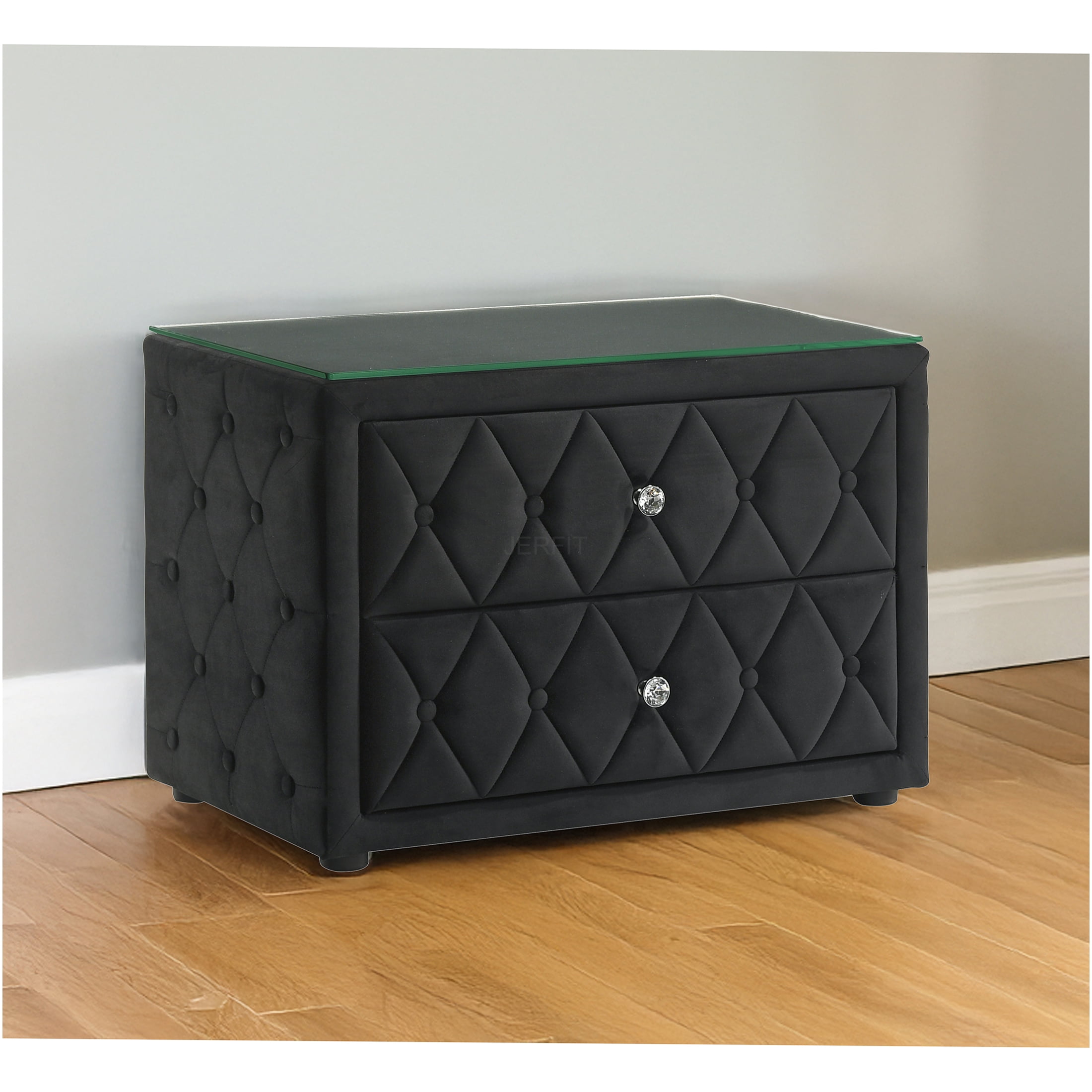 JERFIT Modern Velvet Nightstand with Glass Top and Tufted Design, 2 ...